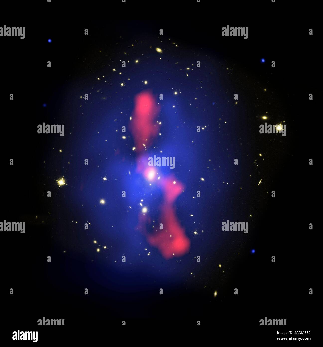 Galaxy cluster MS0735.6+7421, combined optical (yellow), X-ray (blue ...