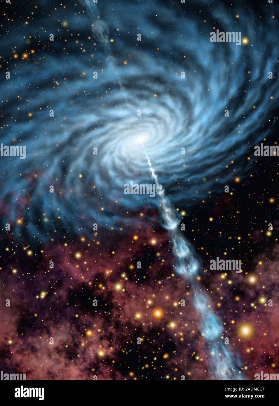 Quasar. Artwork of jets emerging from the centre of a quasar. Many ...