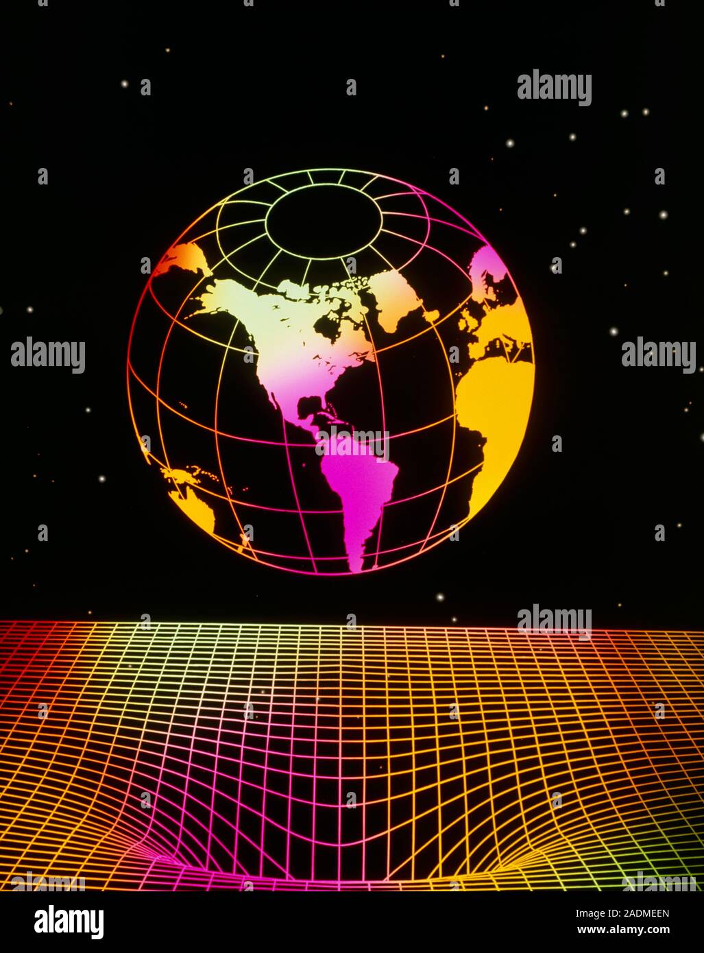 Artwork illustrating the concept of warped space, showing Earth ...