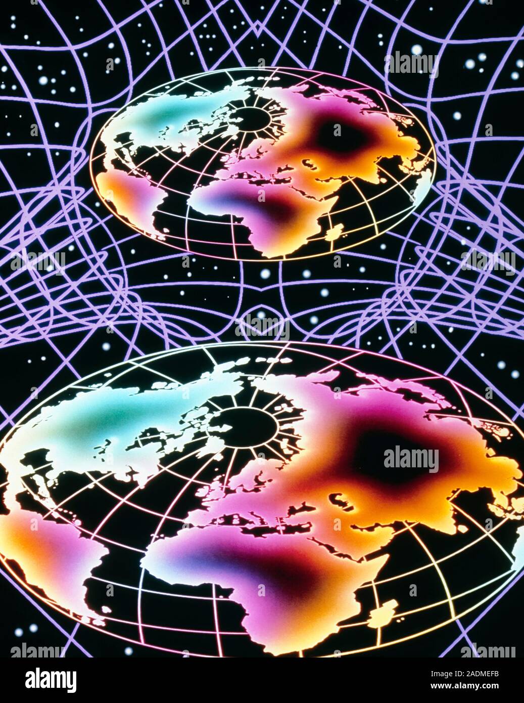 Parallel universes. Computer graphic illustration depicting two Earths ...
