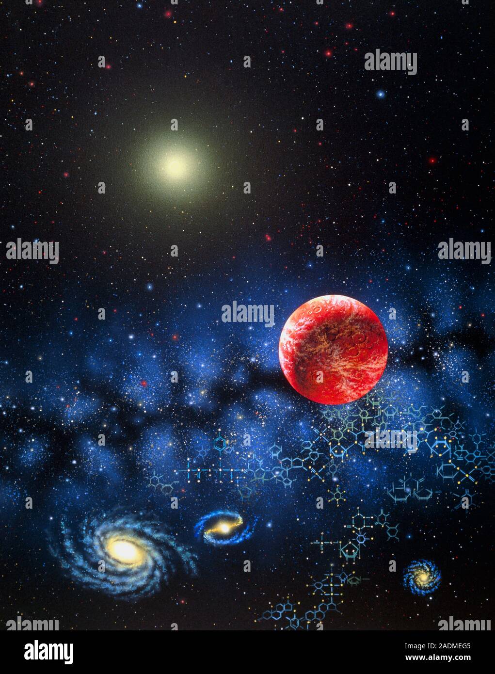 Galactic origin of life. Artist's impression of a red, alien planet and ...