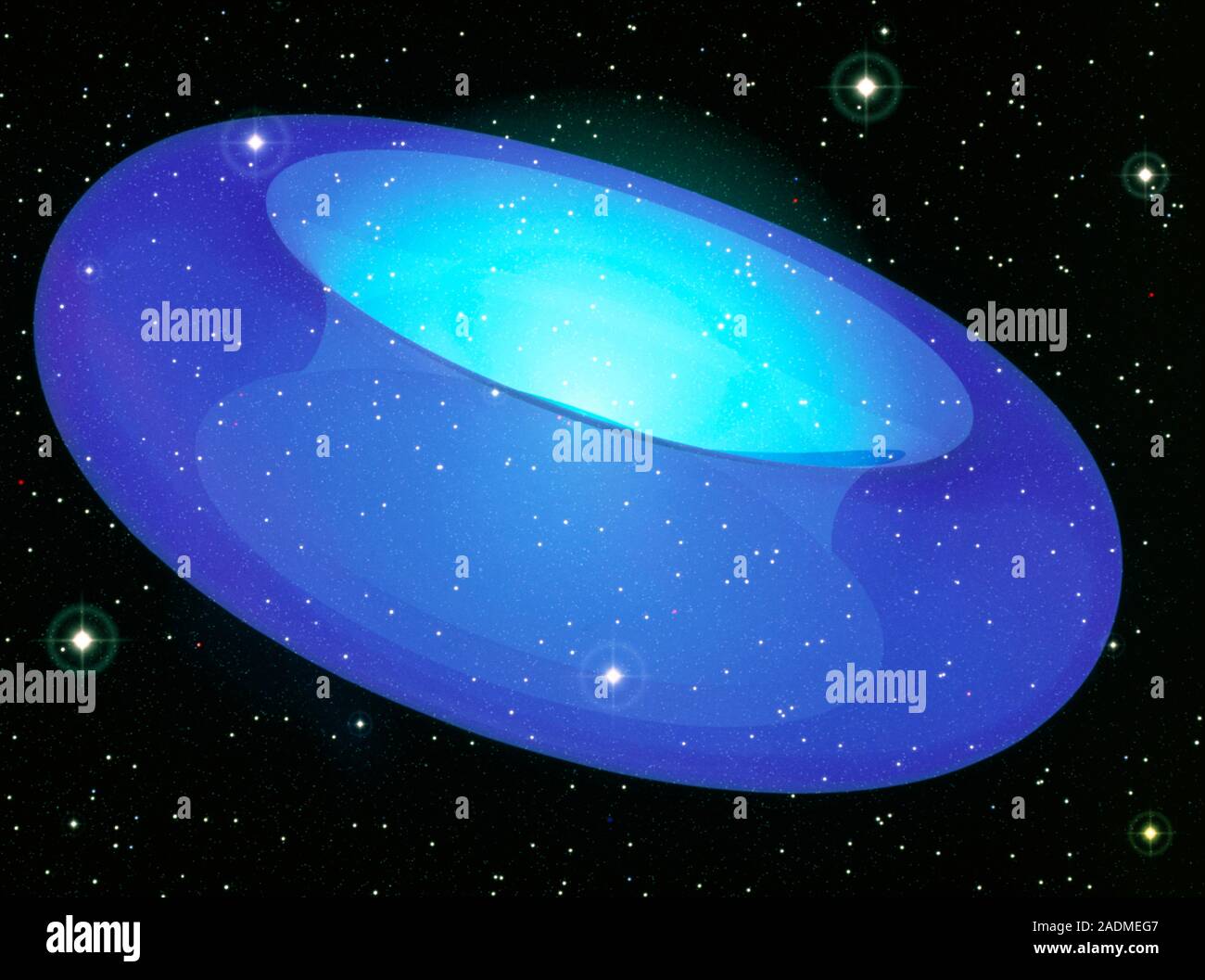 Toroidal Universe. Artwork of a blue torus on a starfield background ...