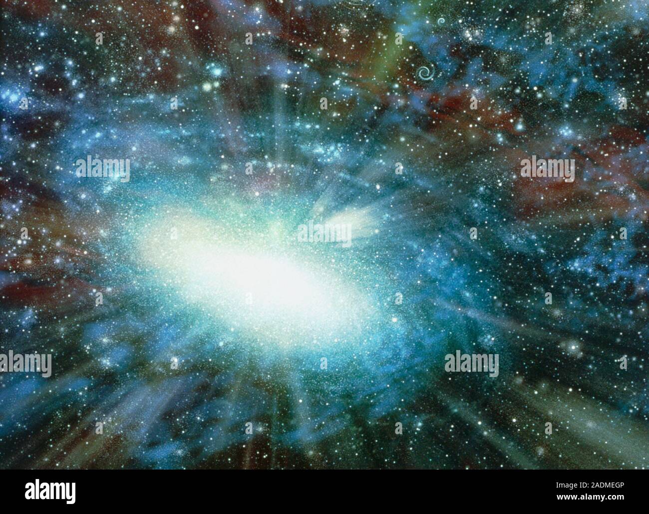 Galaxy formation. Computer artwork of a spiral galaxy forming in the ...