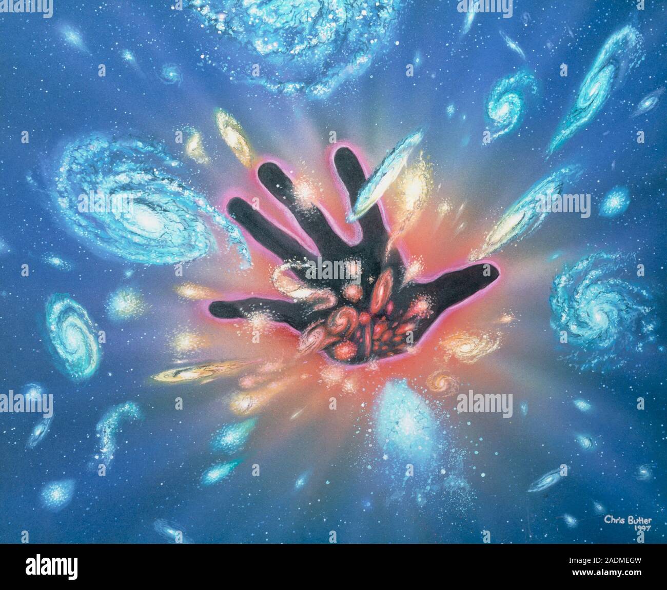 Galaxies and Hand of God". Abstract artwork of a giant hand with spiral ...