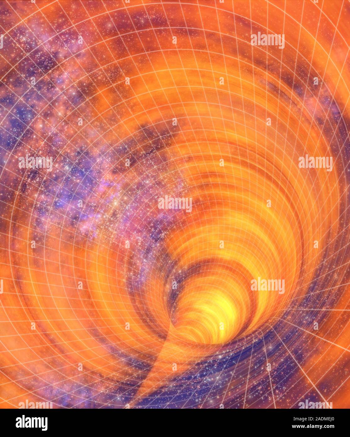 Wormhole. Conceptual computer artwork of a tunnel of grid lines ...