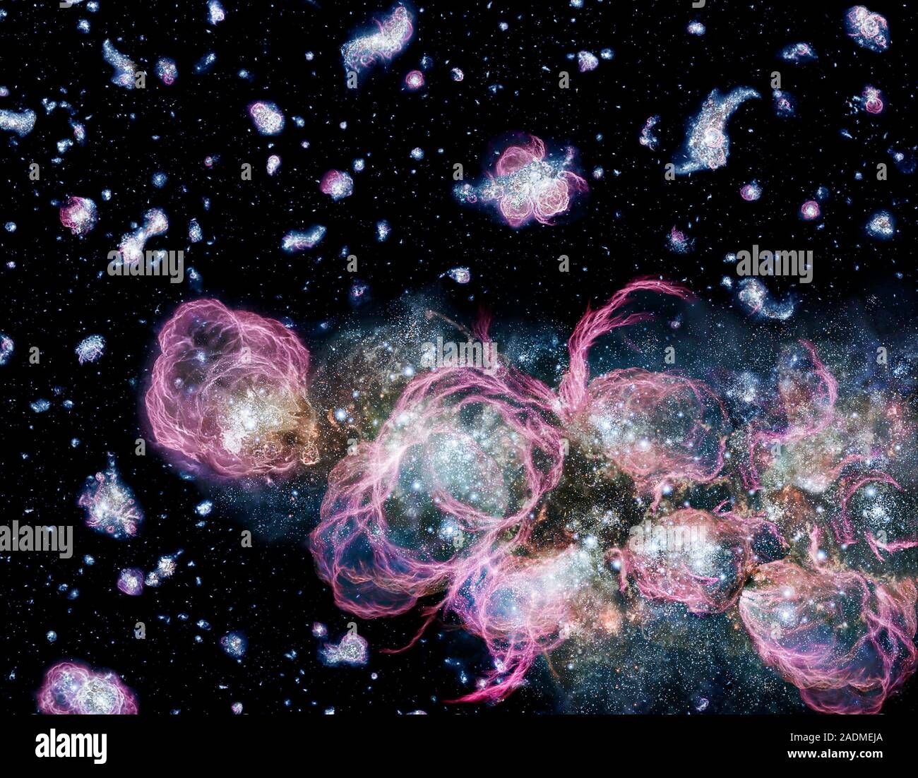 Star birth in the early universe, artwork. This 1- billion-year-old ...