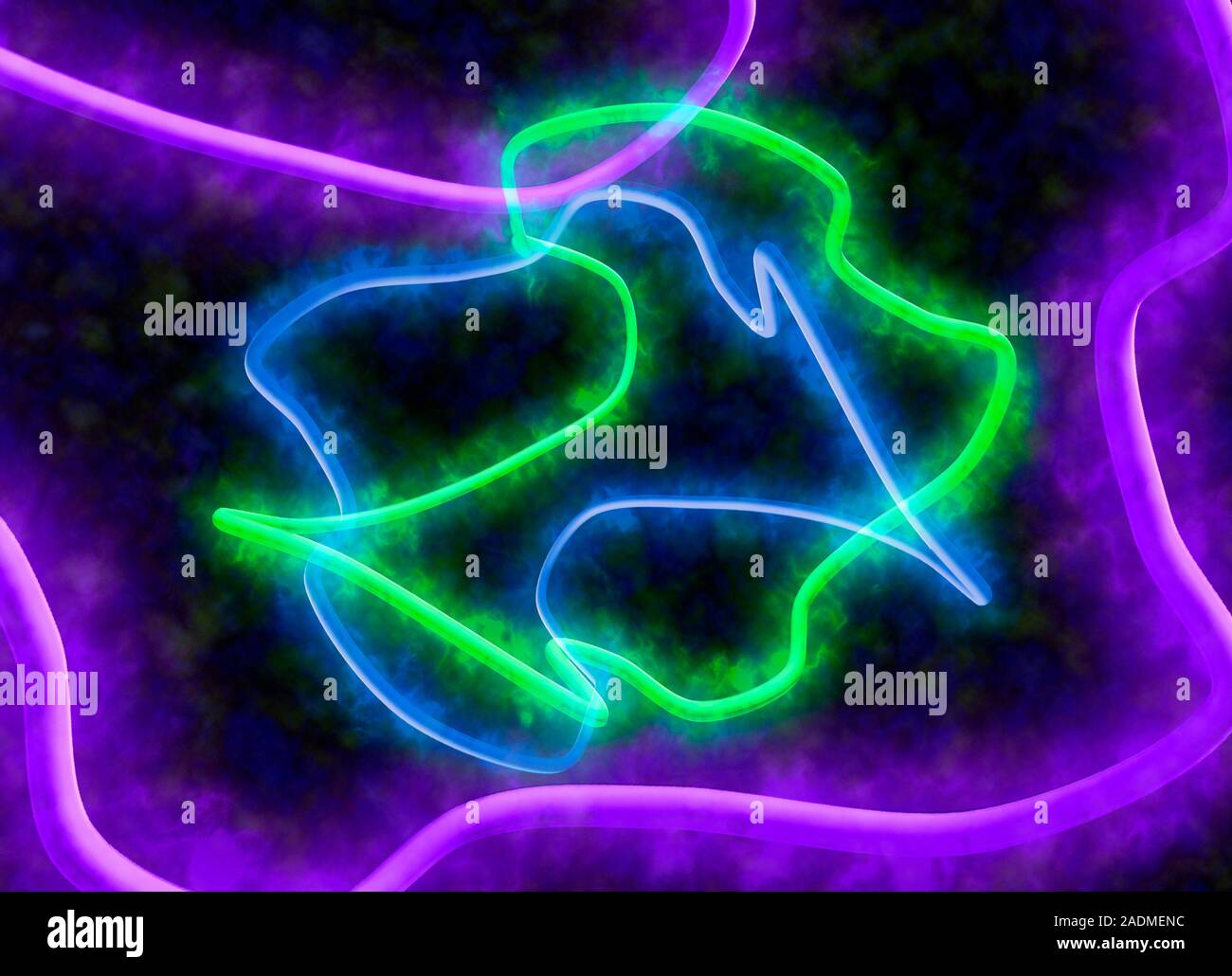 Cosmic strings. Computer artwork of three cosmic strings. These are ...