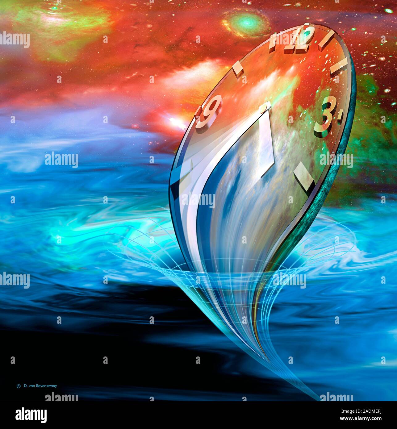 Time warp. Conceptual artwork of a warped clock face being sucked into ...
