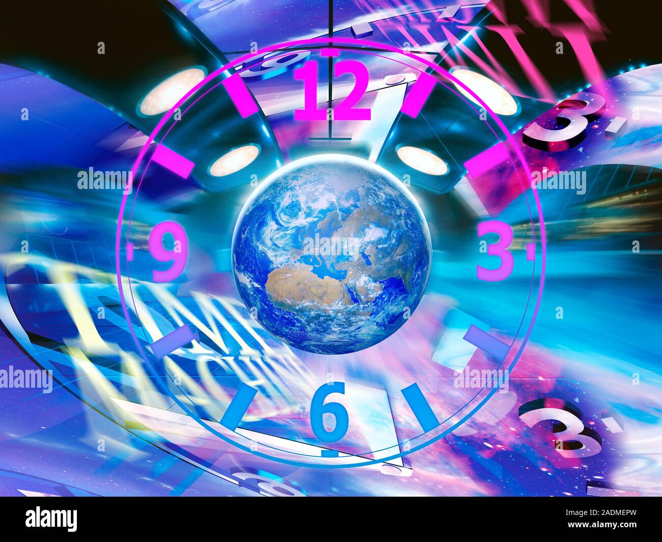 Time machine. Conceptual artwork of a clock face and the Earth. The ...