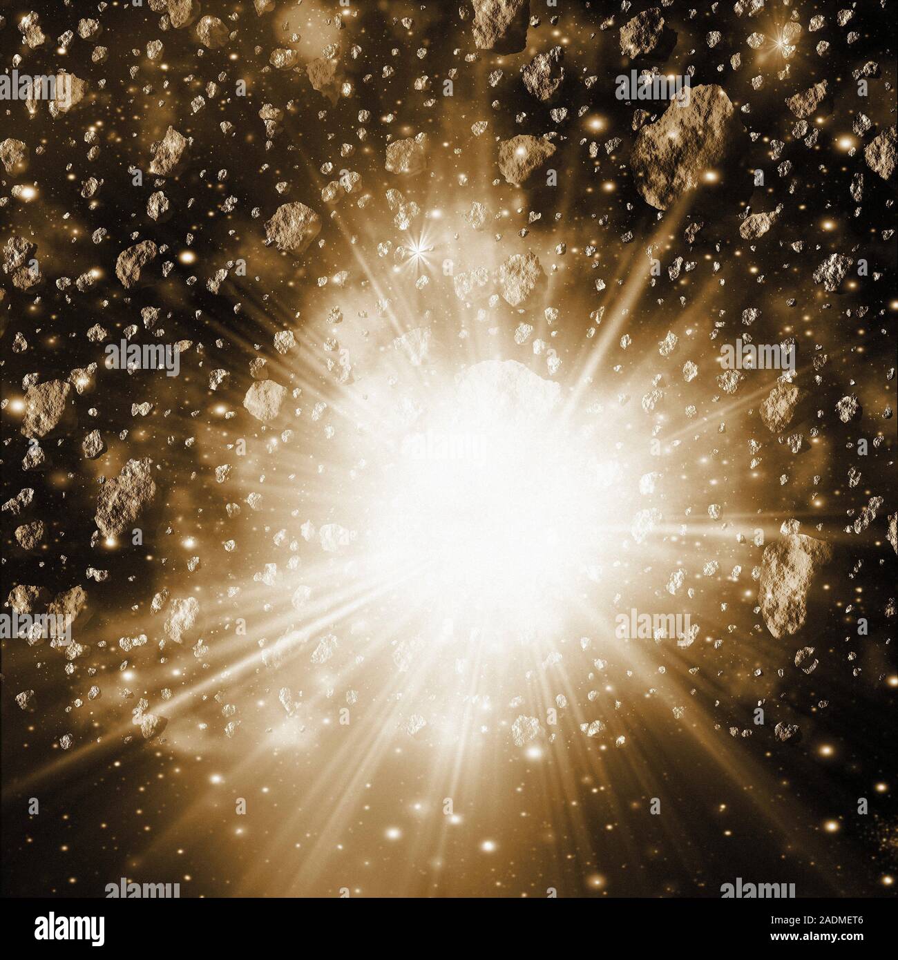 Cosmic explosion. Computer artwork of rocky bodies in space colliding ...