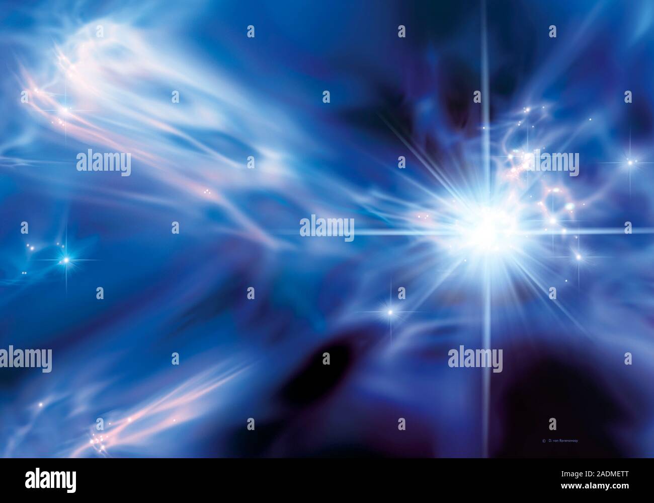 The first stars. Artwork of the first stars in the universe, thought to ...