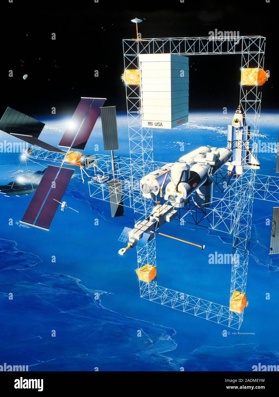 Space Station Freedom, 1980s space station design, computer artwork ...