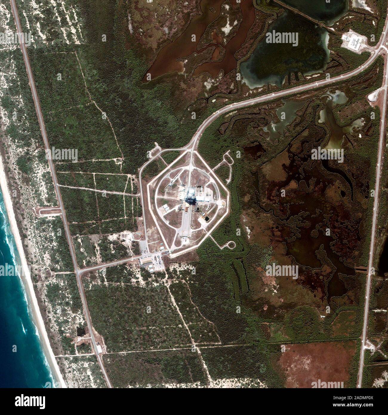 Cape Canaveral launch site. Satellite view of Complex 40 launch Pad ...