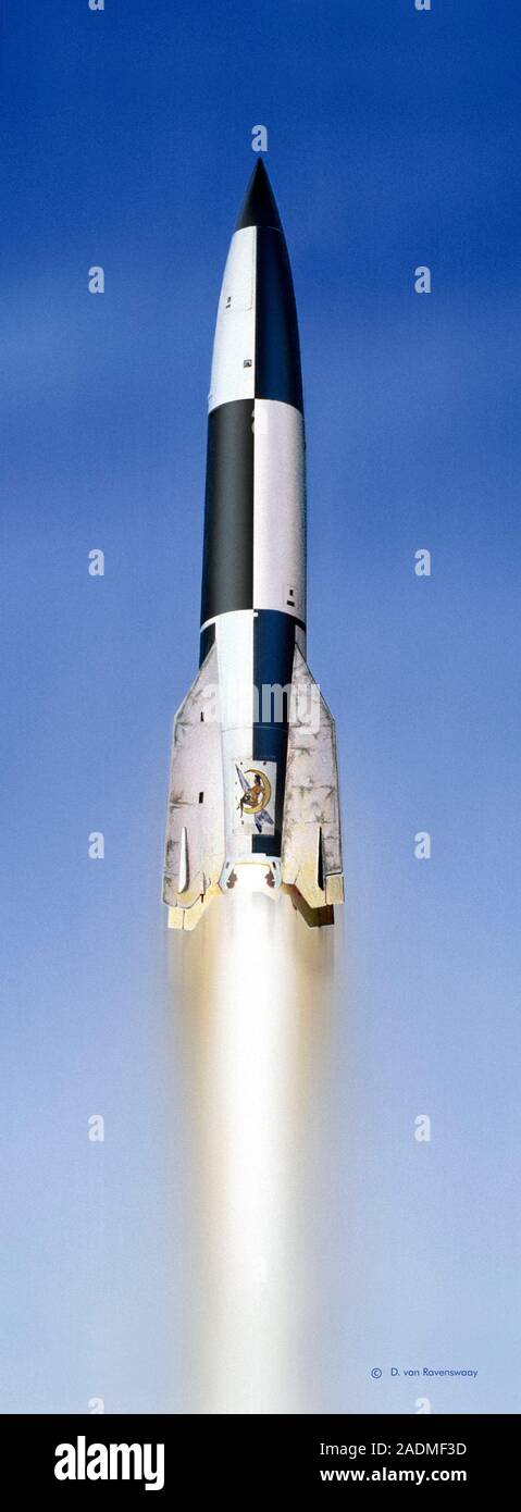 Illustration of an A4 rocket on its first successful launch, October ...