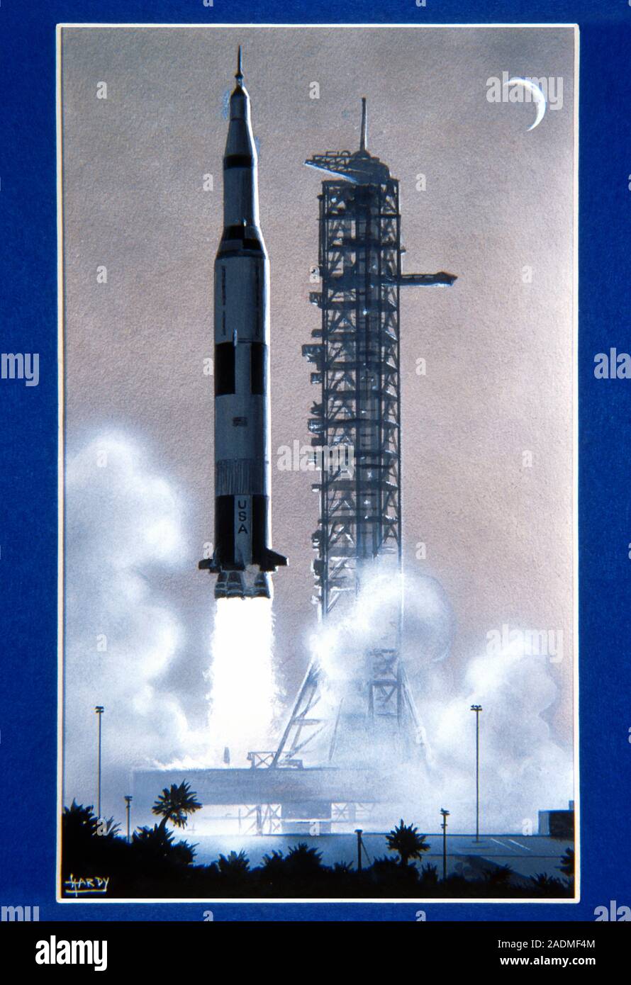 Saturn V launch. Artwork of the launch of a Saturn V rocket of the type ...