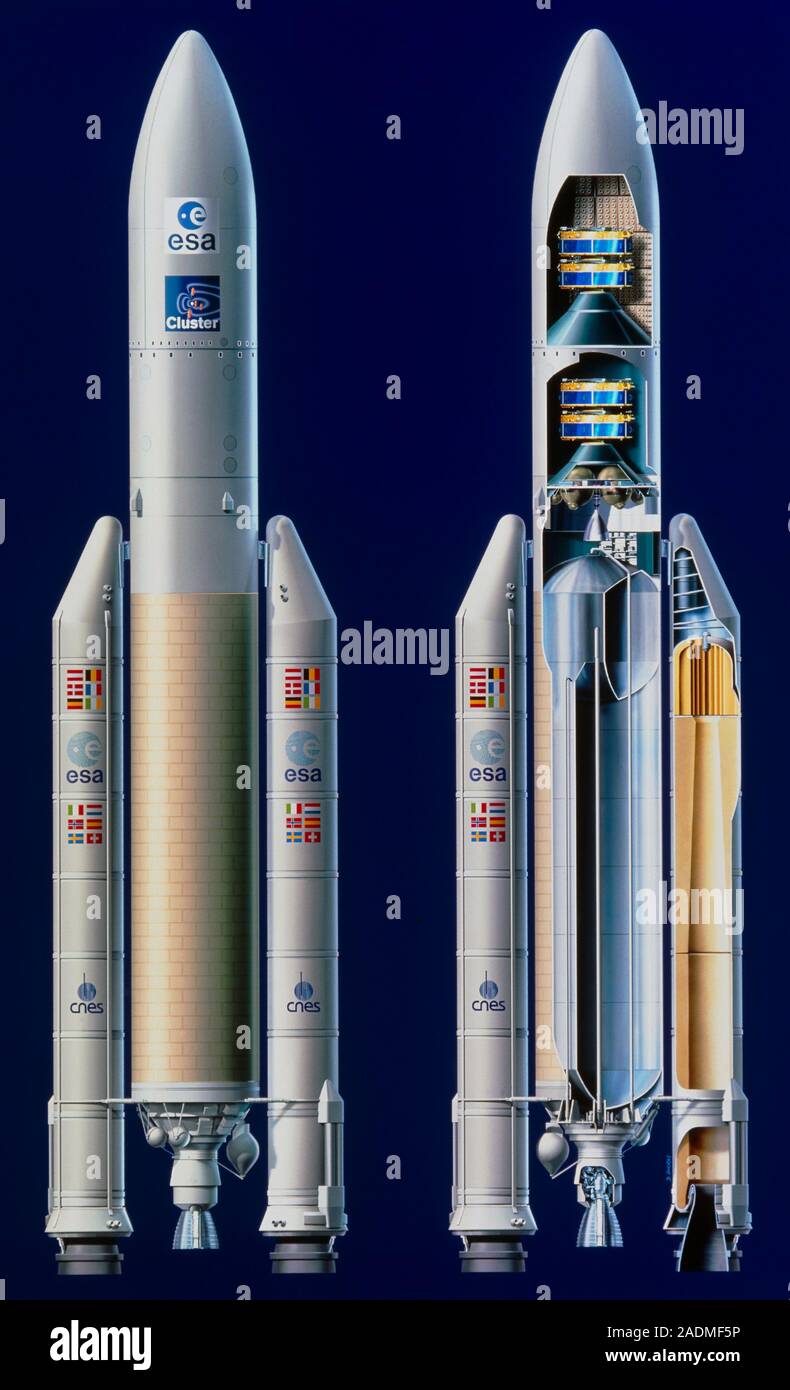 Ariane 5. Artwork showing an overall view (left) and cut-away view ...
