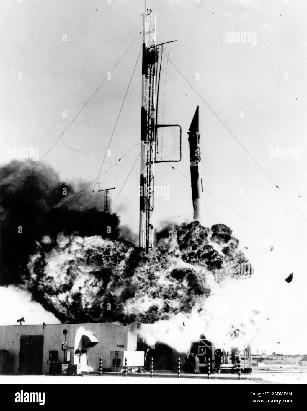 Vanguard rocket exploding on its launch pad during a test launch. This ...
