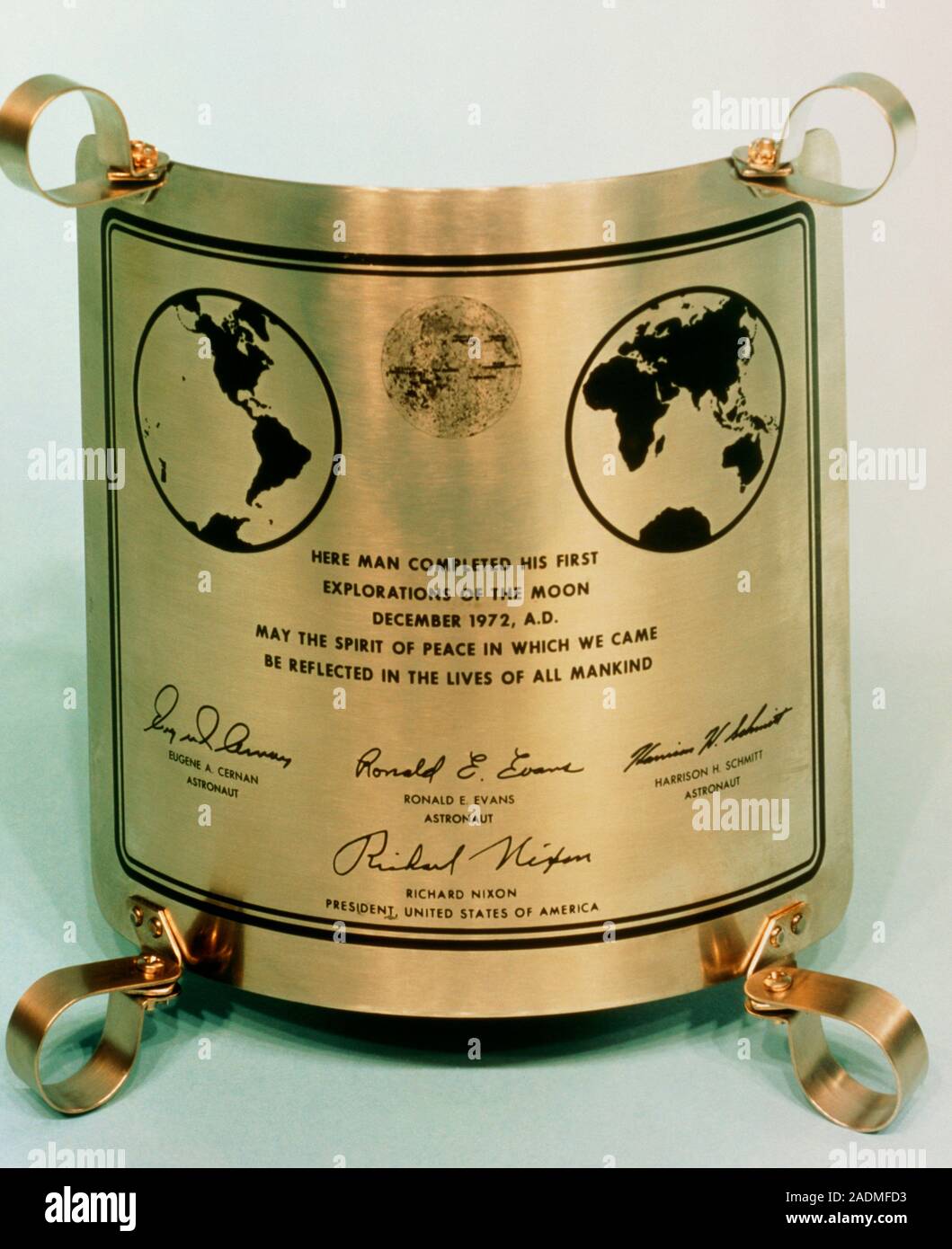 Memento on the Moon. The commemorative plaque, left behind on the Moon ...