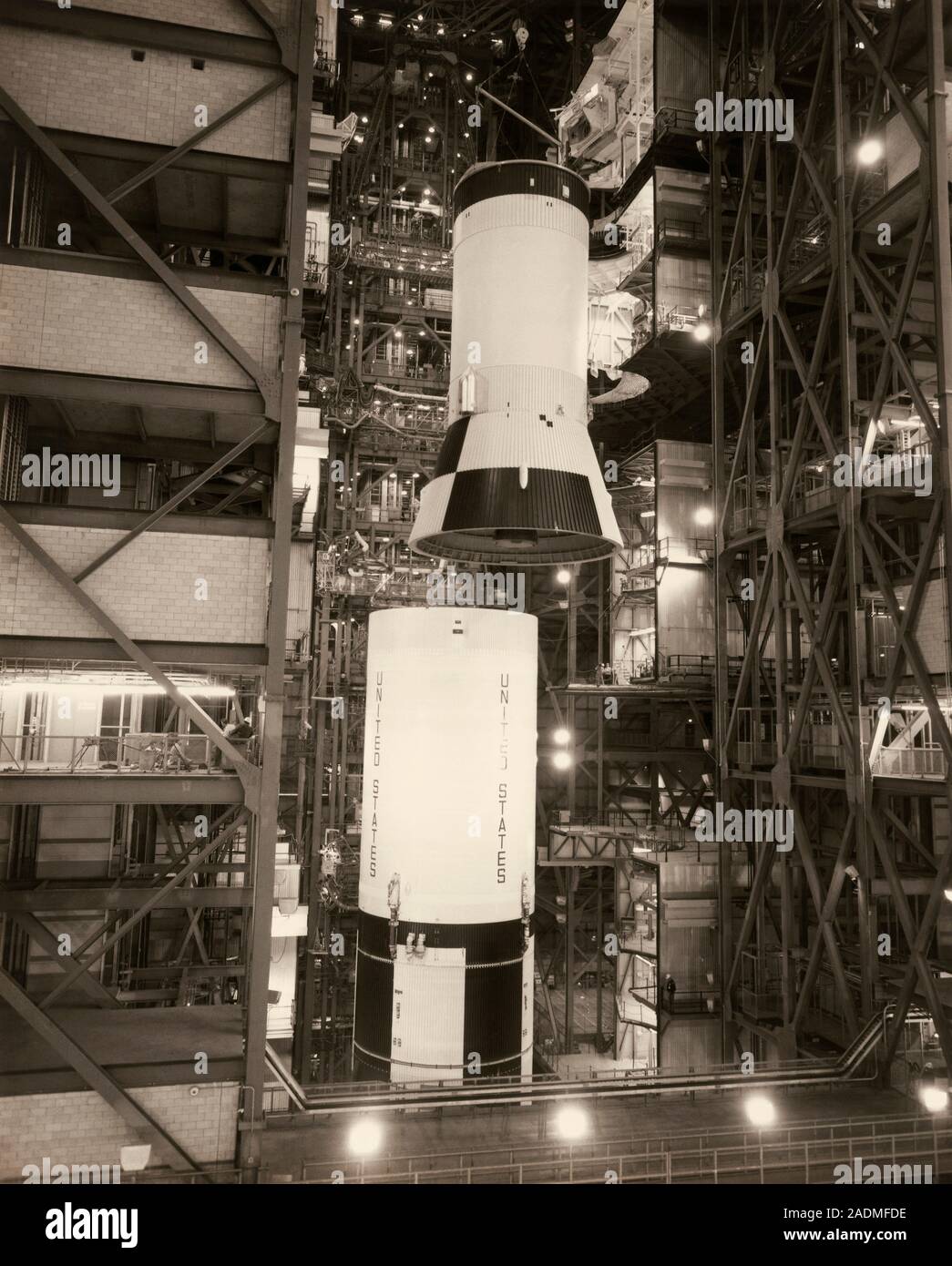 Apollo 11 launch rocket. Assembly of the Saturn V rocket used to launch ...