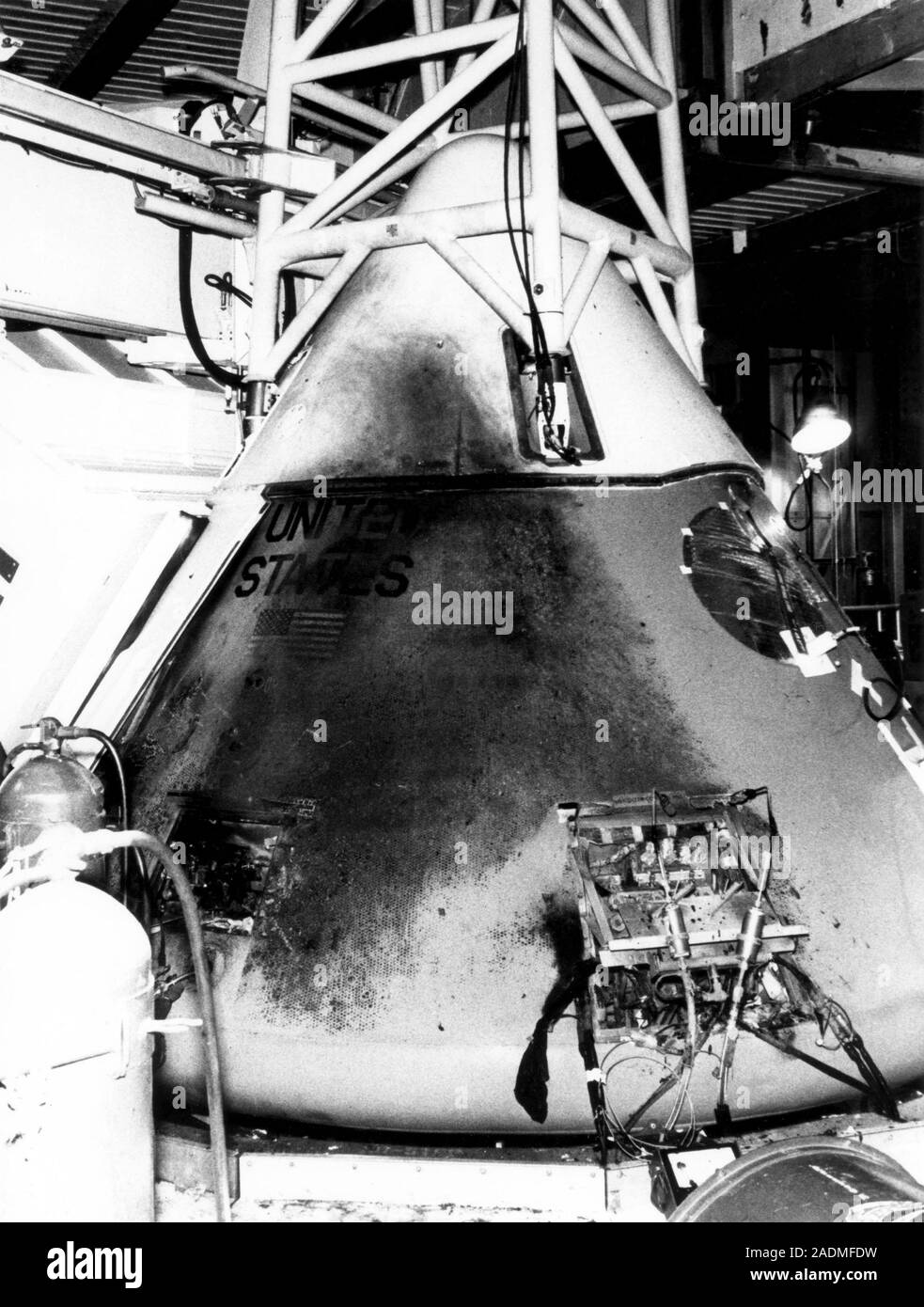 Apollo 1 capsule. Burnt command module of the Apollo 1 spacecraft. This ...