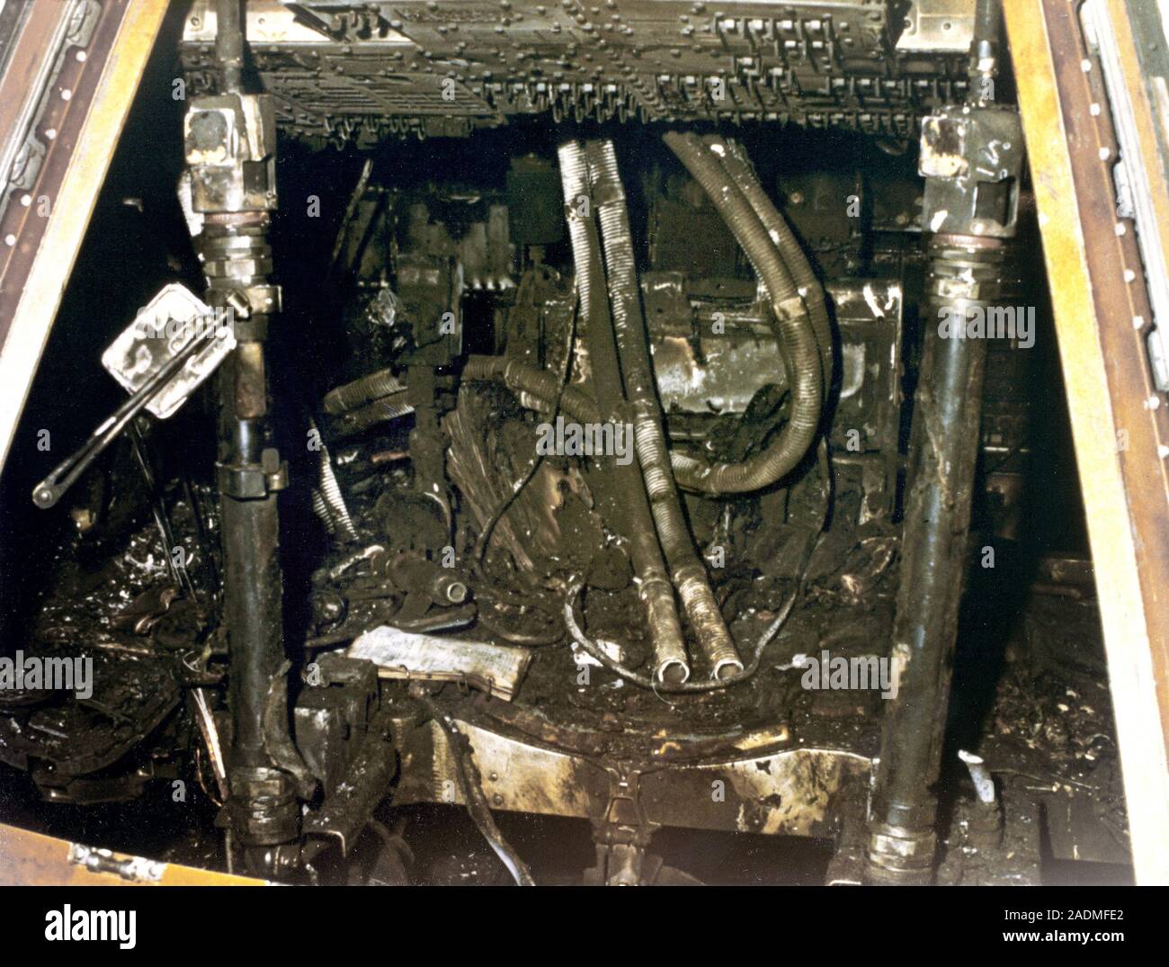 Apollo 1 capsule. Interior of the burnt command module of the Apollo 1 ...