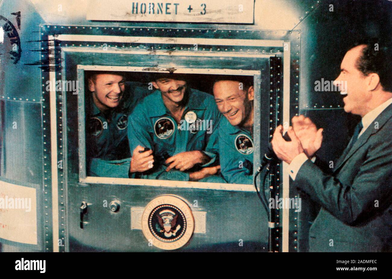 Apollo 11 astronauts and Nixon, 1969. President Nixon (right) welcoming ...