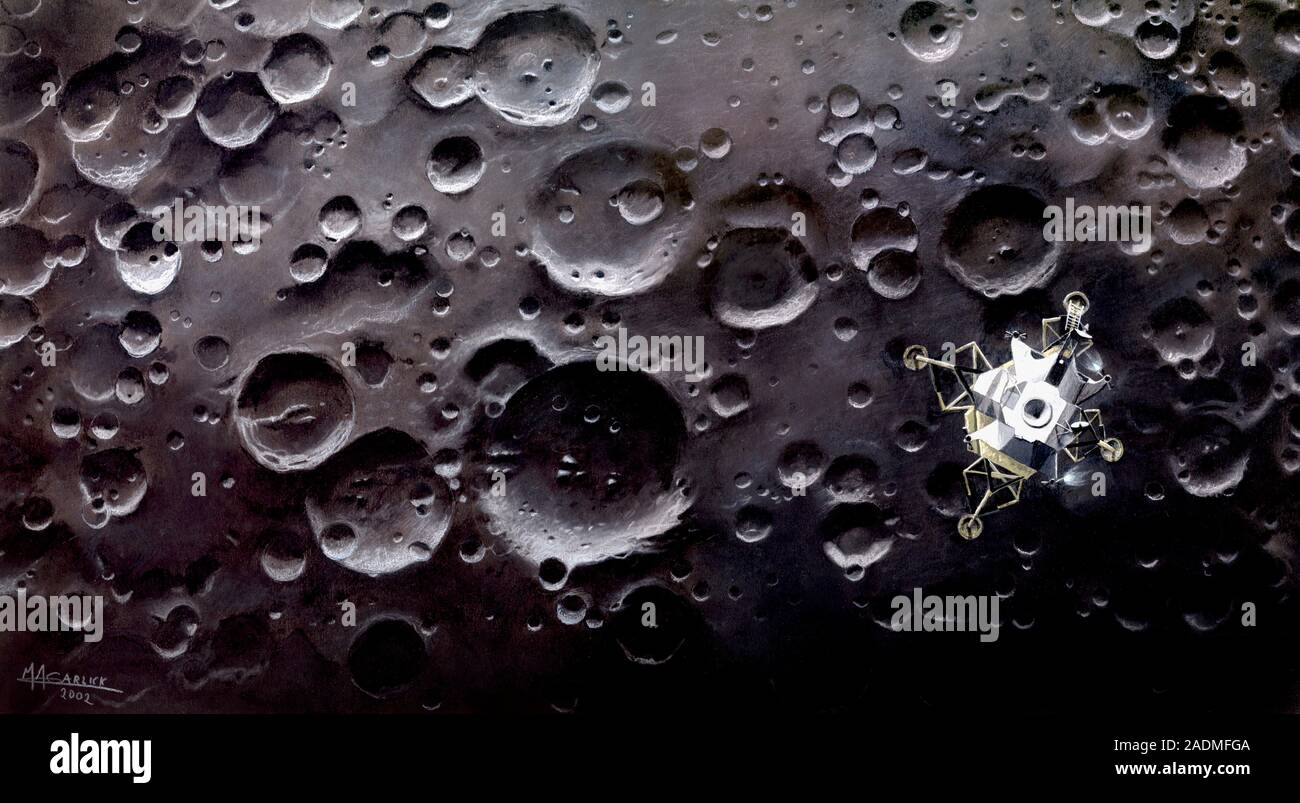 Apollo 11 Lunar Module over the surface of the Moon, artwork. This ...
