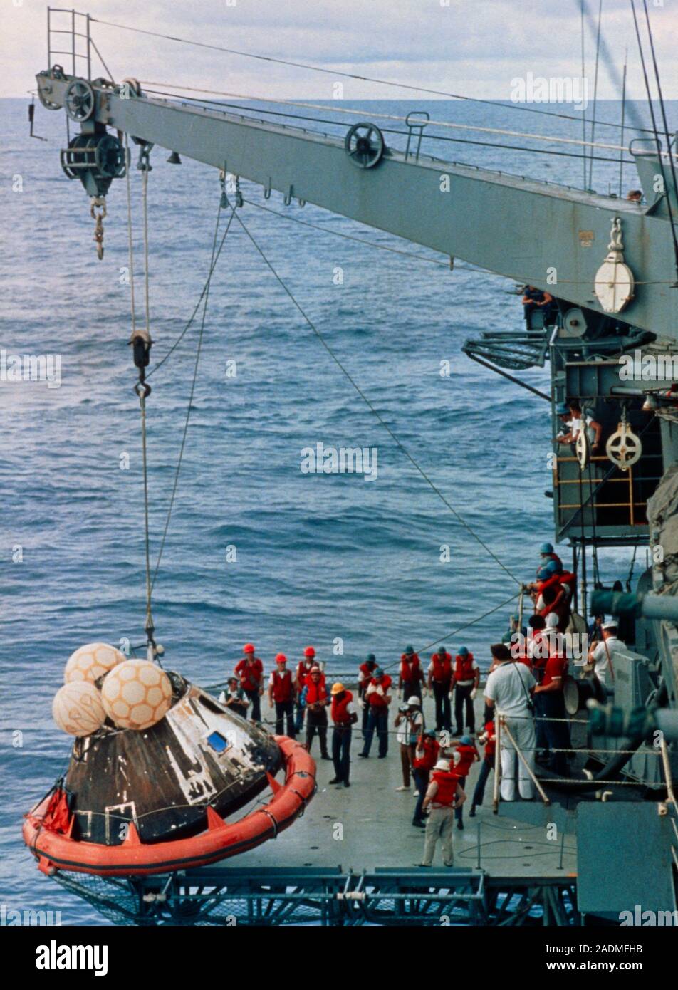 Apollo 13. The Command Module of the Apollo 13 module being winched ...