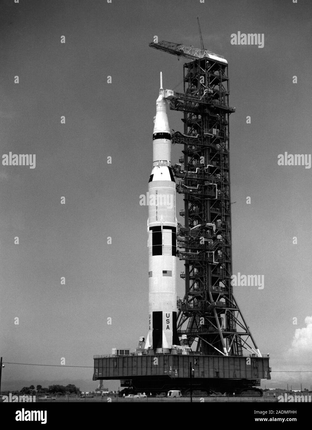 Apollo 11 mission. Saturn V rocket being carried on a transporter in ...