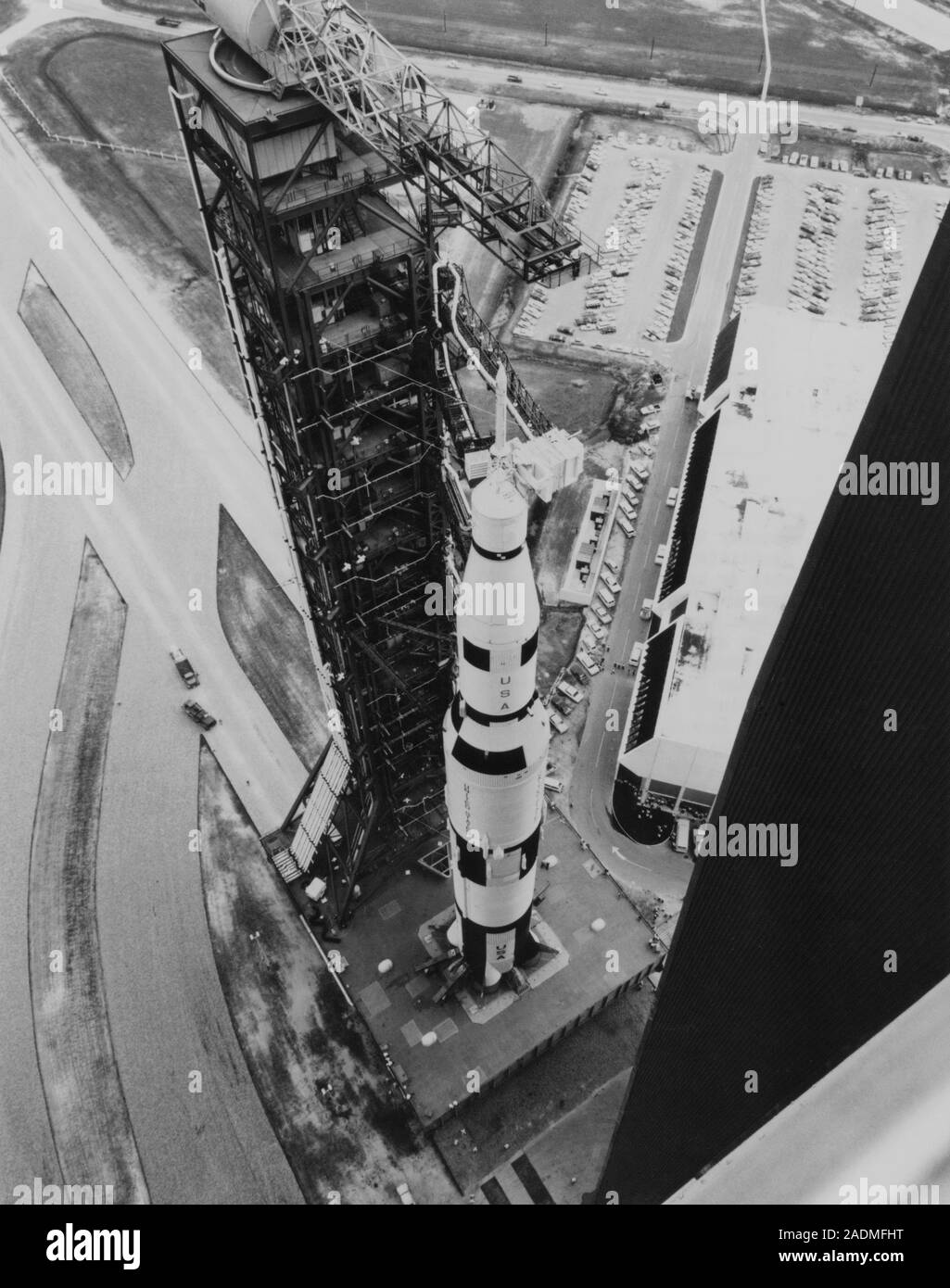 Apollo rocket. Saturn V rocket being moved on a crawler vehicle from ...