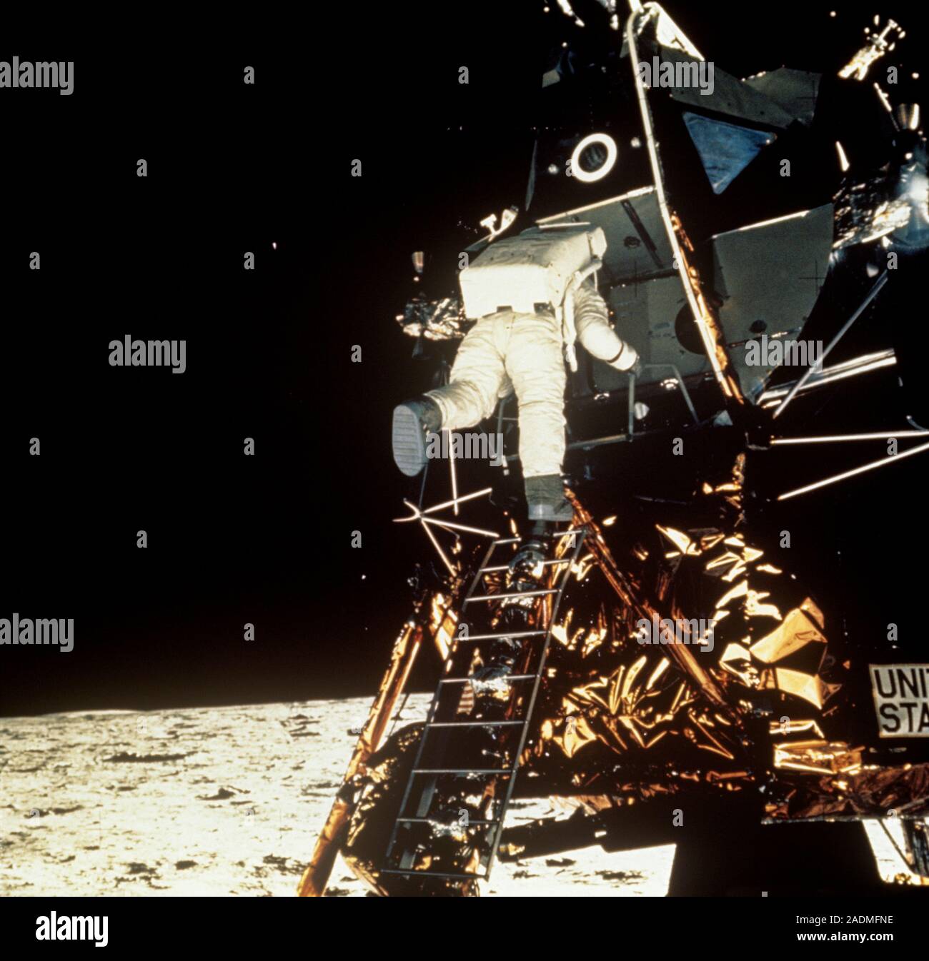 Apollo 11 photograph of Edwin E. Aldrin descending the steps of the ...
