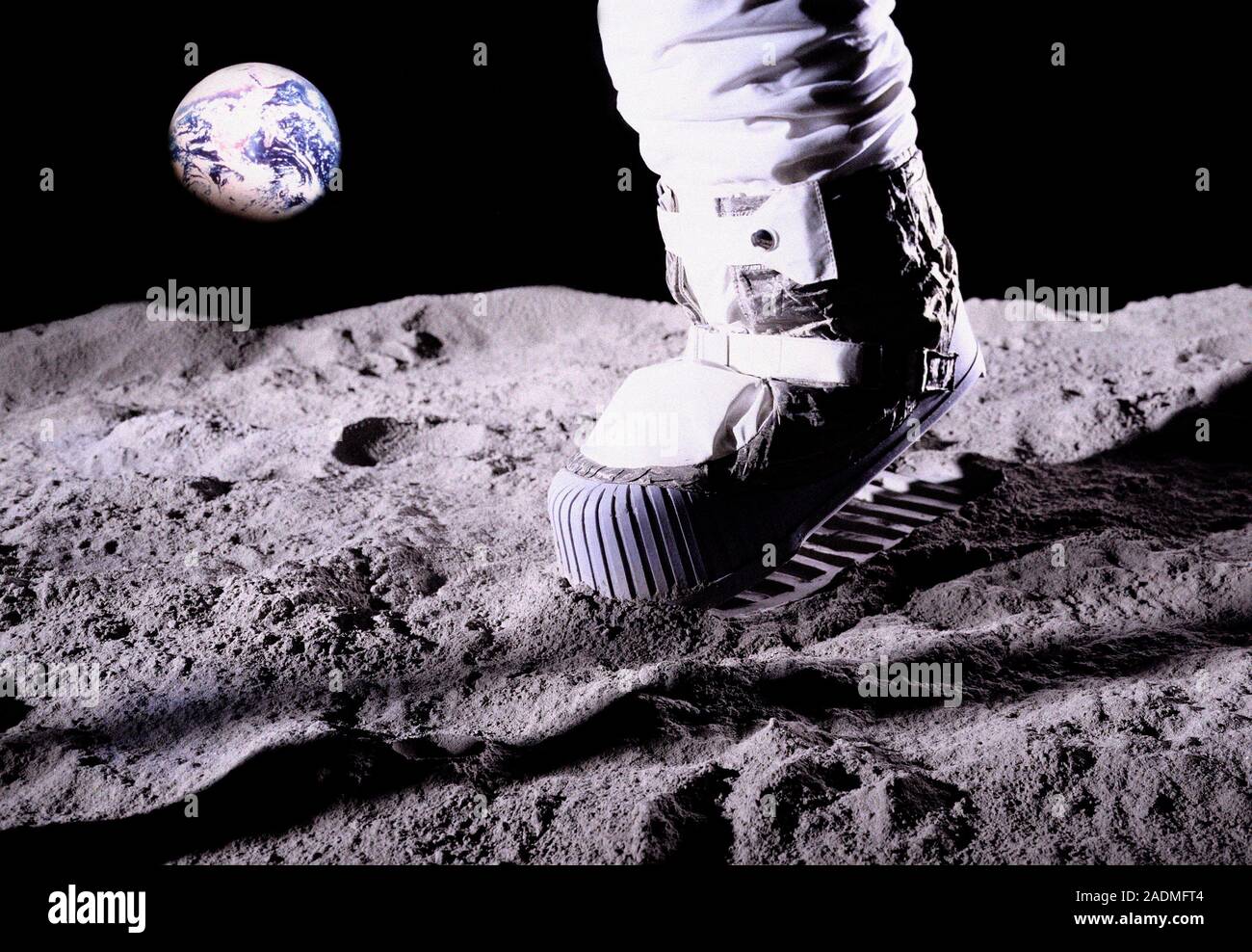 Moon walk. Mock-up of an astronaut's foot on the surface of the Moon ...