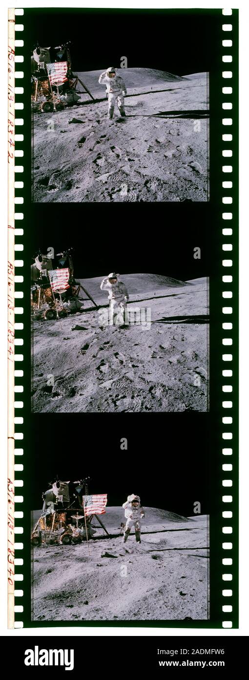 Apollo 16 astronauts. Original film strip showing three photographs ...
