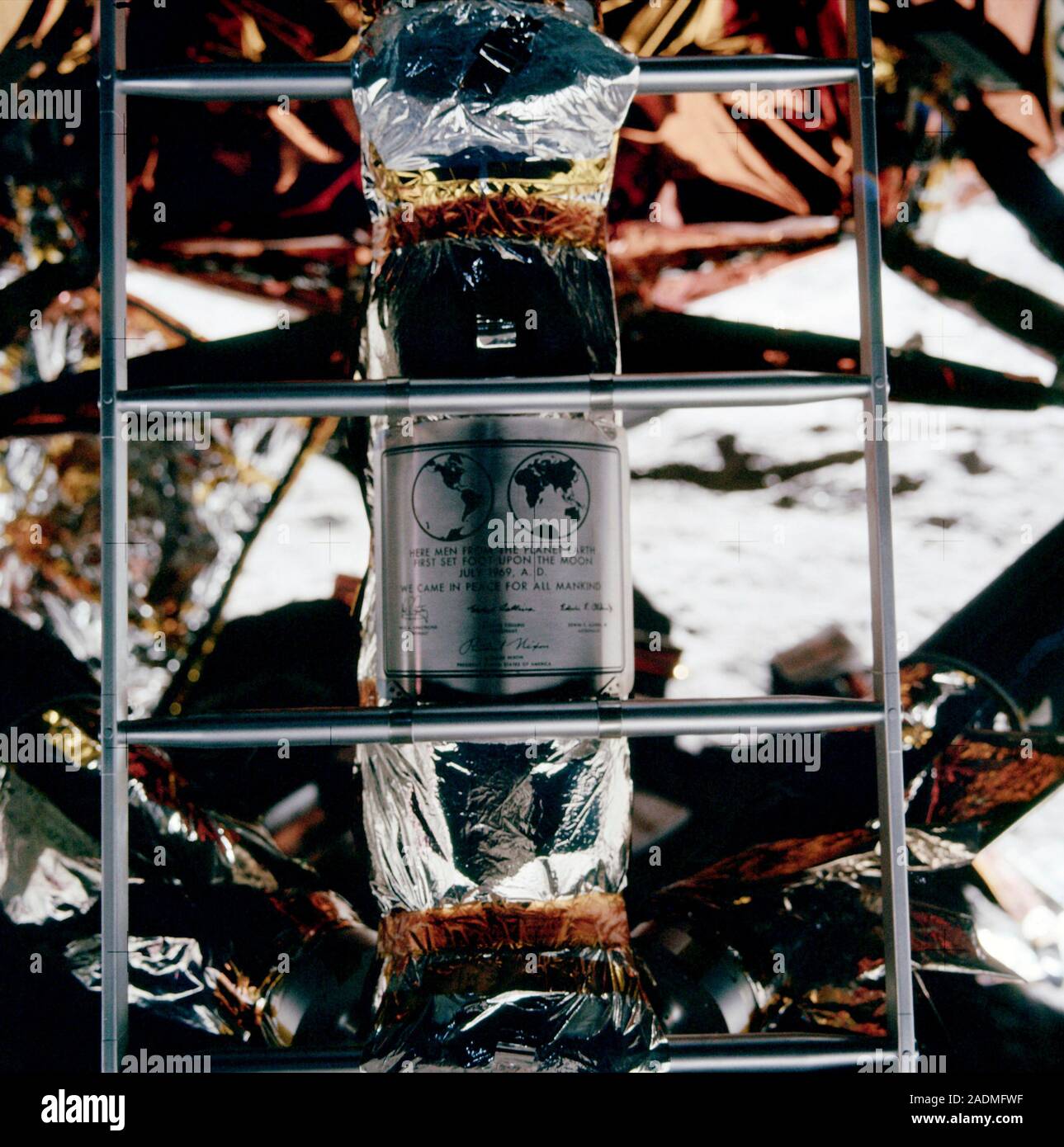 Apollo 11 Moon plaque. View through the ladder of the Apollo 11 landing ...
