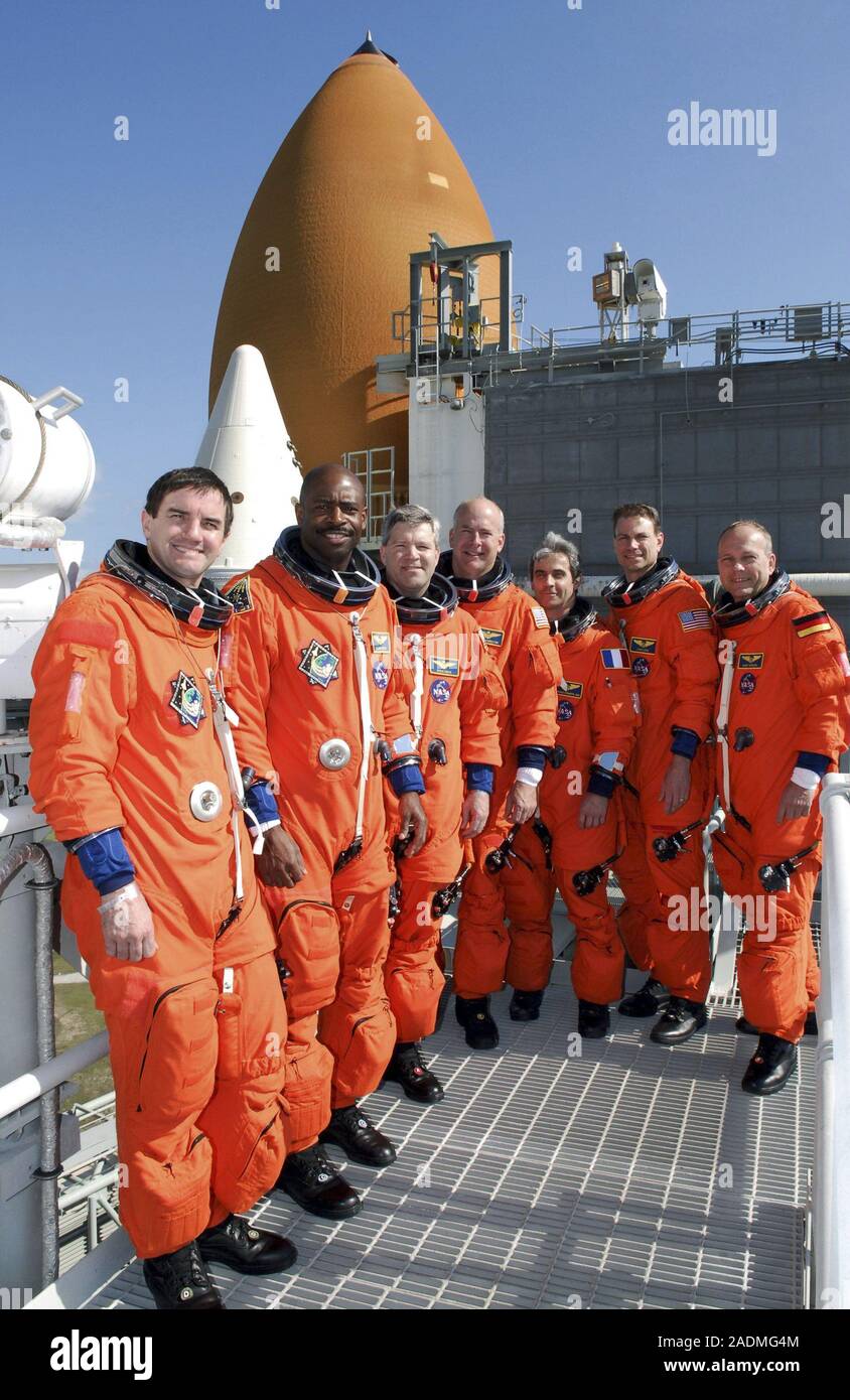 STS-122 mission crew during a launch rehearsal at the Kennedy Space Center, Florida, USA. From ...