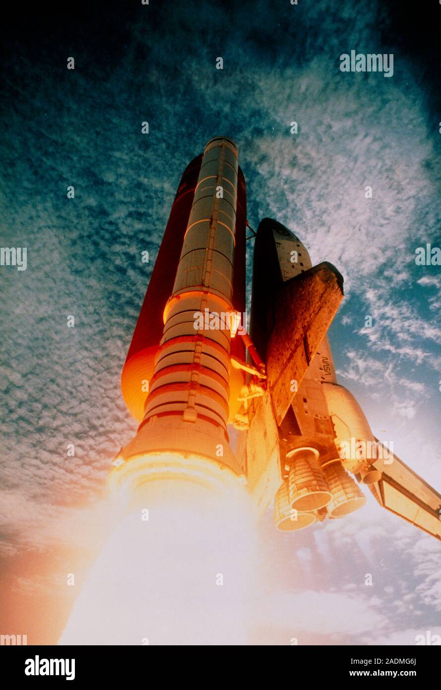Launch of Mission STS-73. View from beneath Space Shuttle Columbia as it climbs during the ...