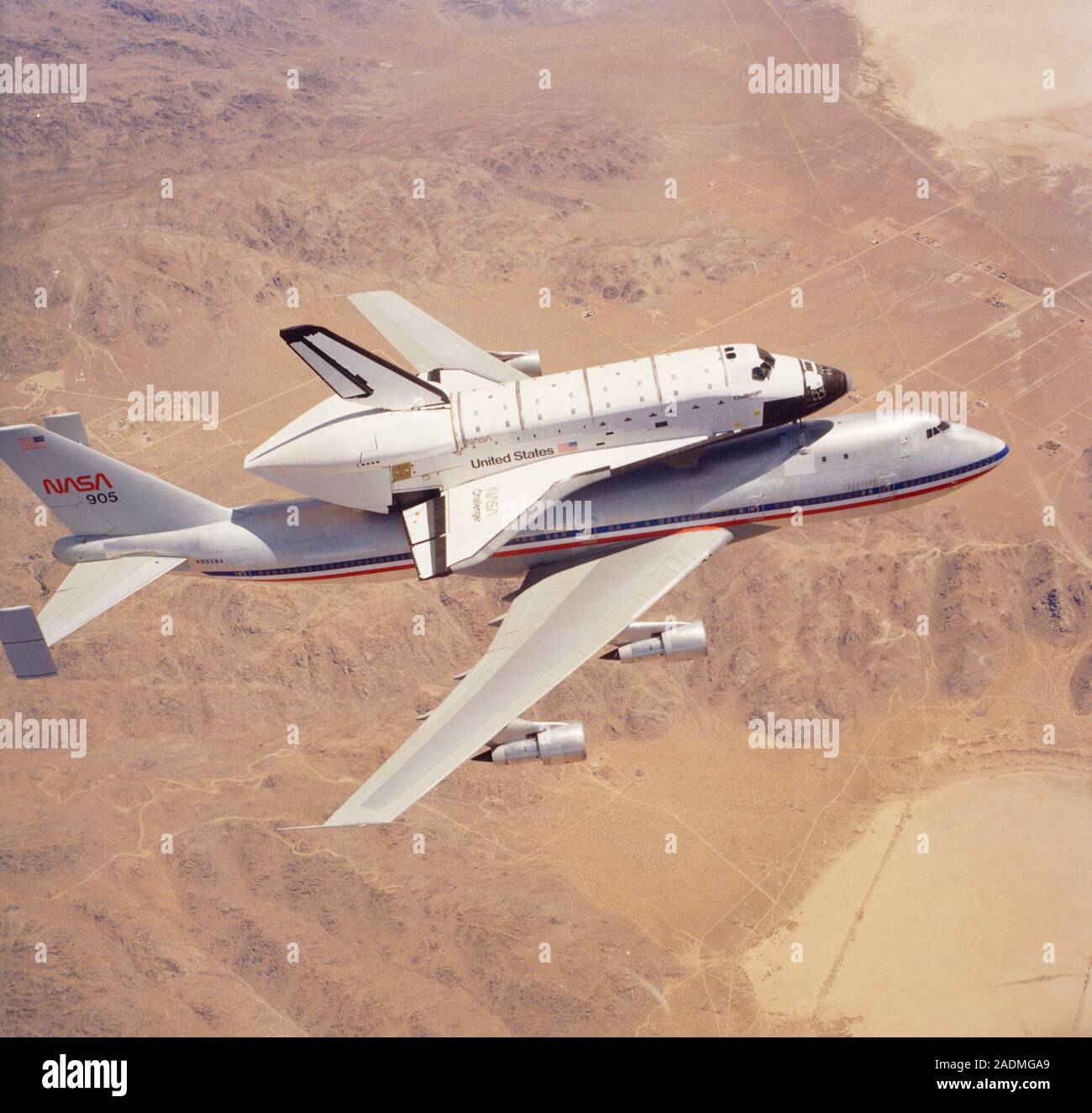 Space Shuttle Orbiter Challenger atop a 747 carrier jet. The shuttle is ...