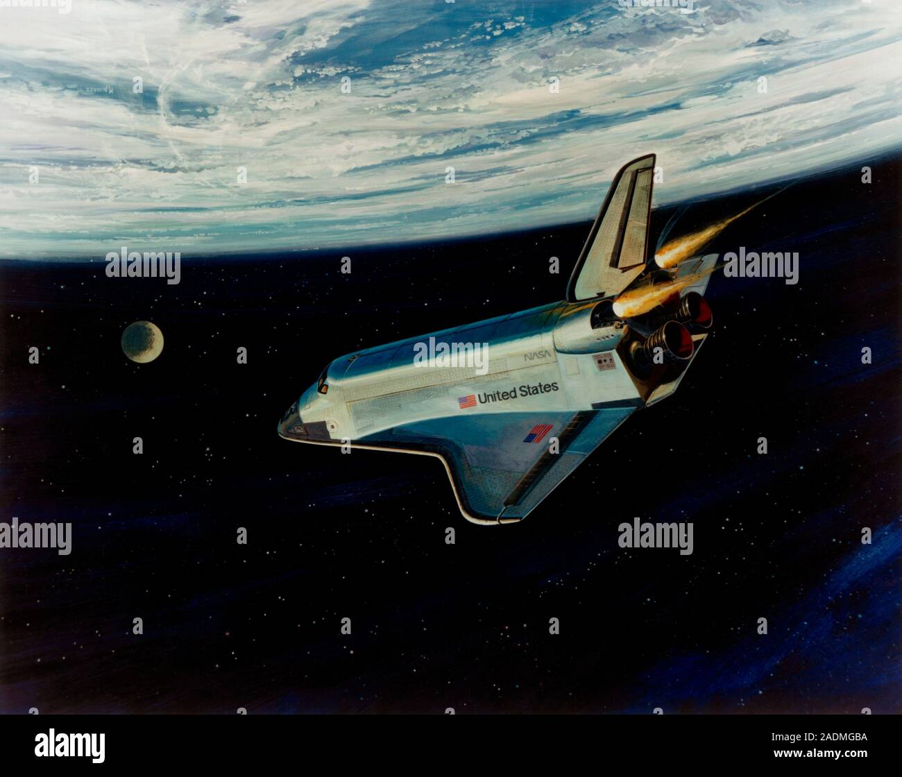 Artwork of space shuttle, firing retro-rockets prior to re-entry into ...