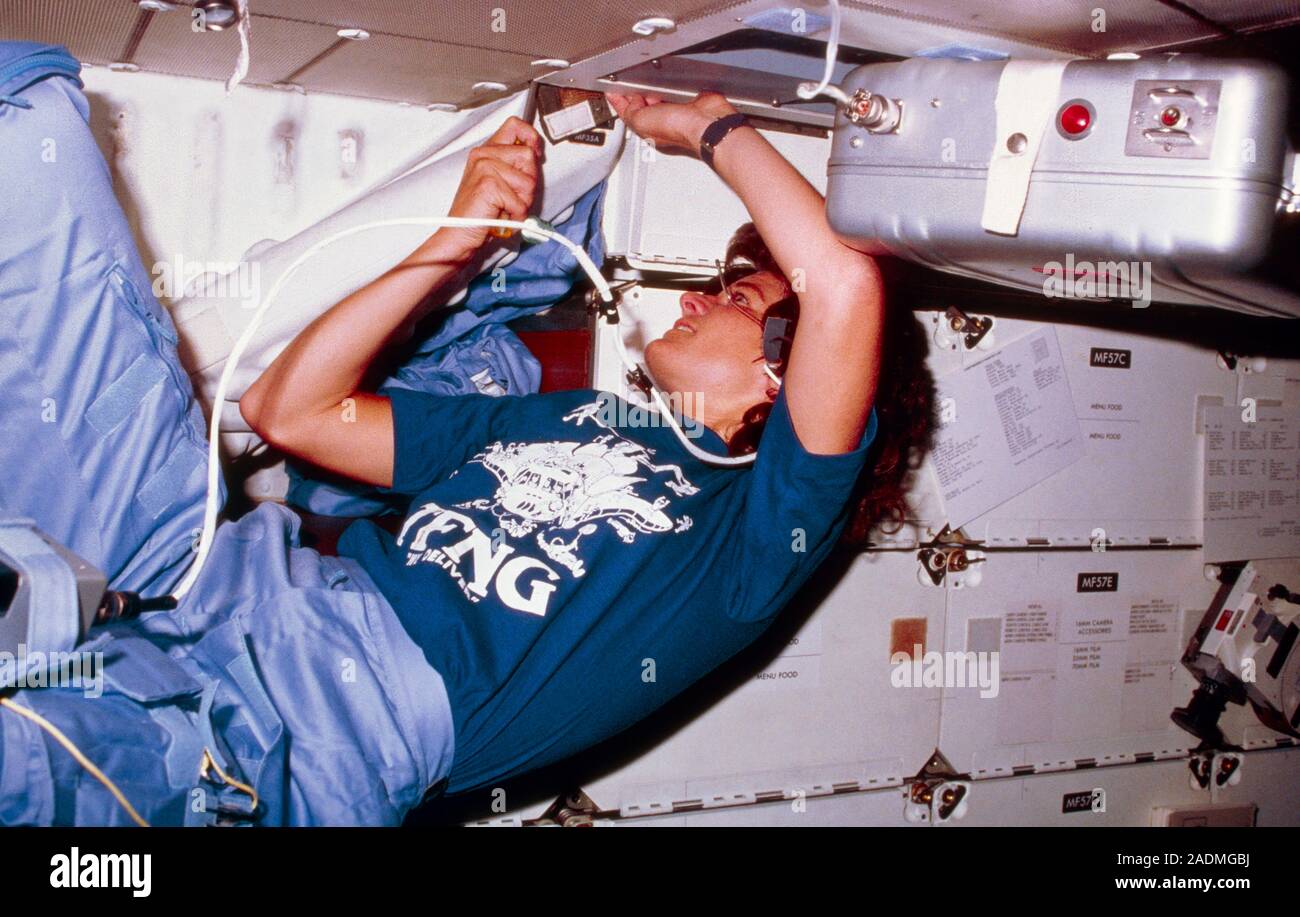 The first US woman in space. Dr Sally Ride performing a maintenance ...