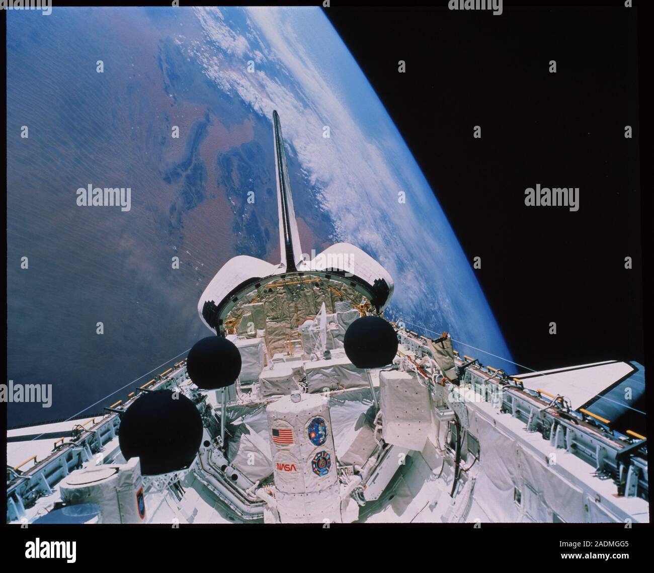 ATLAS-1 payload in orbit. View over the payload bay of Shuttle Atlantis ...