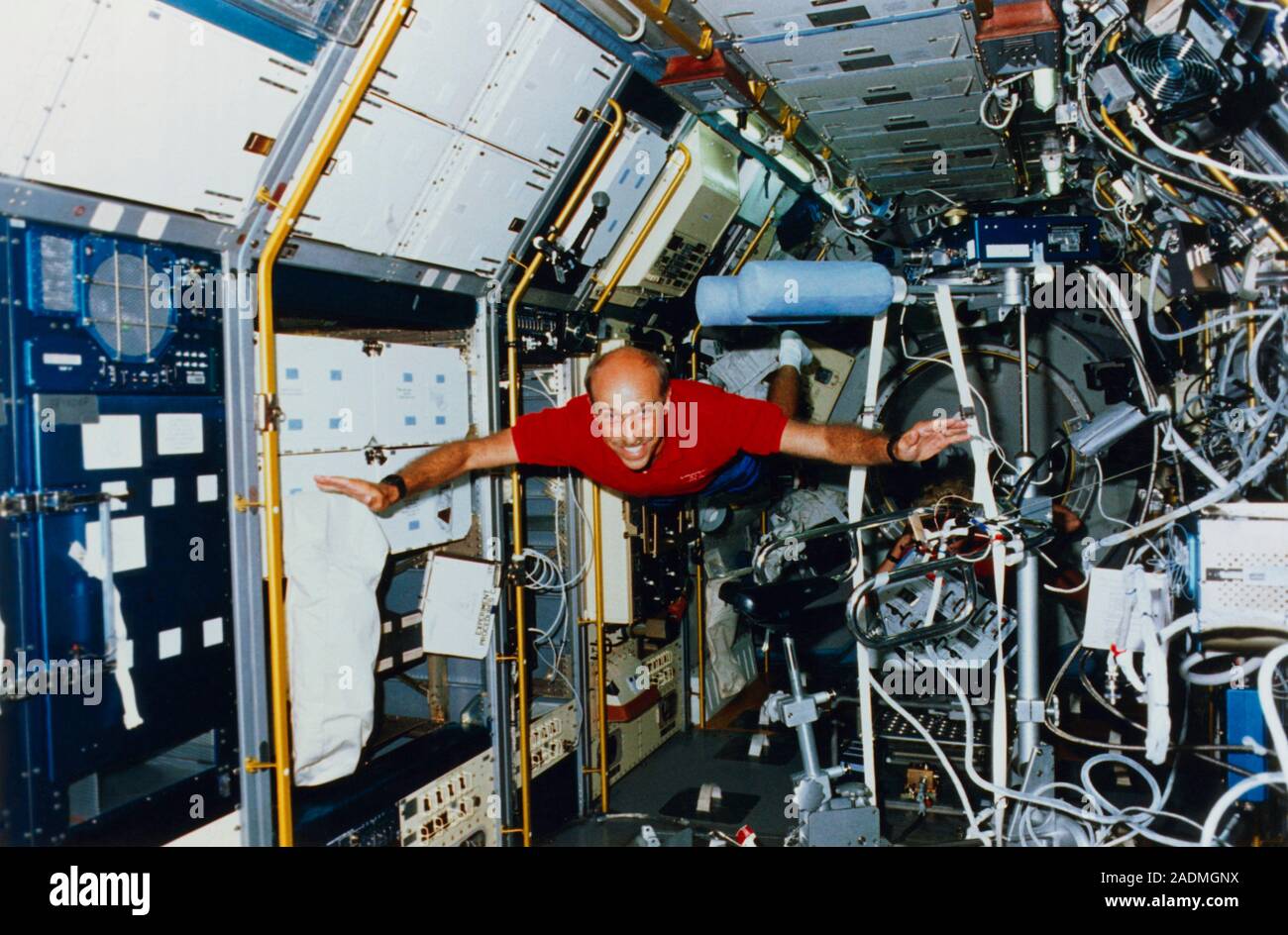 Astronaut James Bagian floating inside the Spacelab Life Sciences SLS-1 ...