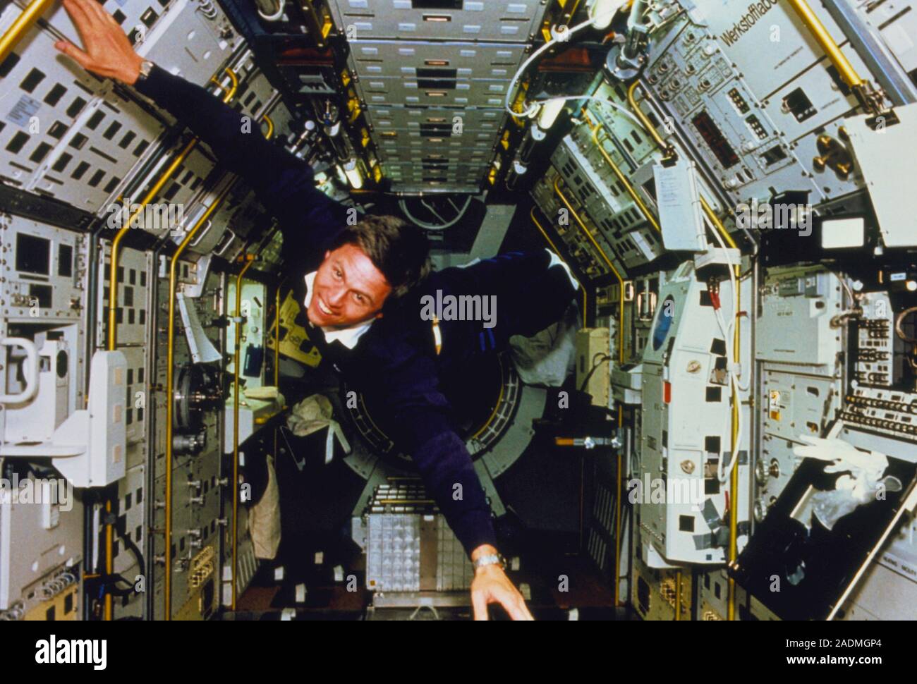 Weightlessness. German astronaut Ulrich Walter demonstrates the ...