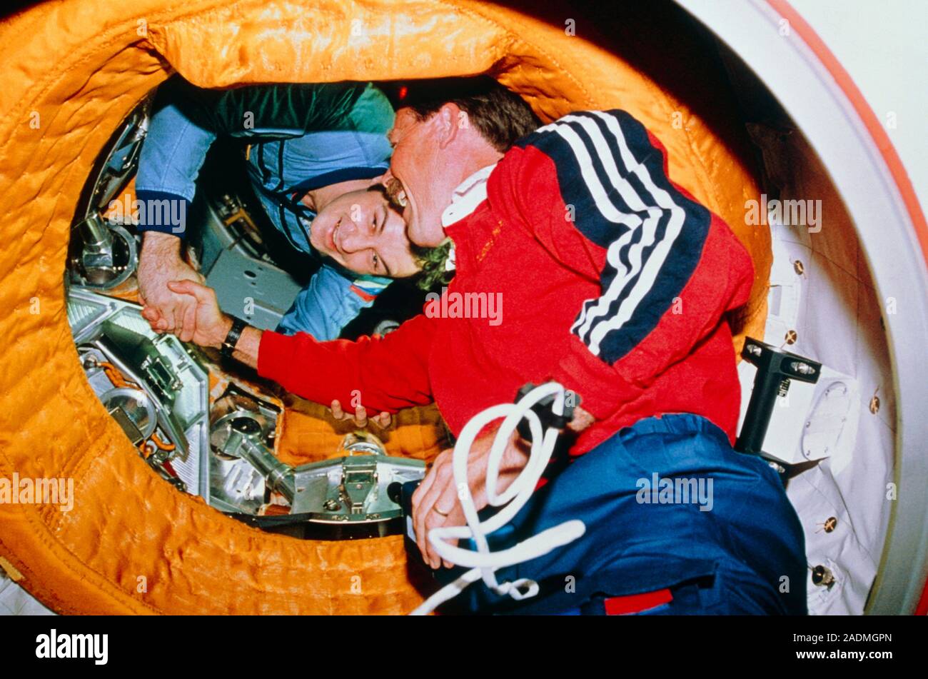 First Shuttle-Mir mission. The historic moment when Shuttle Commander ...