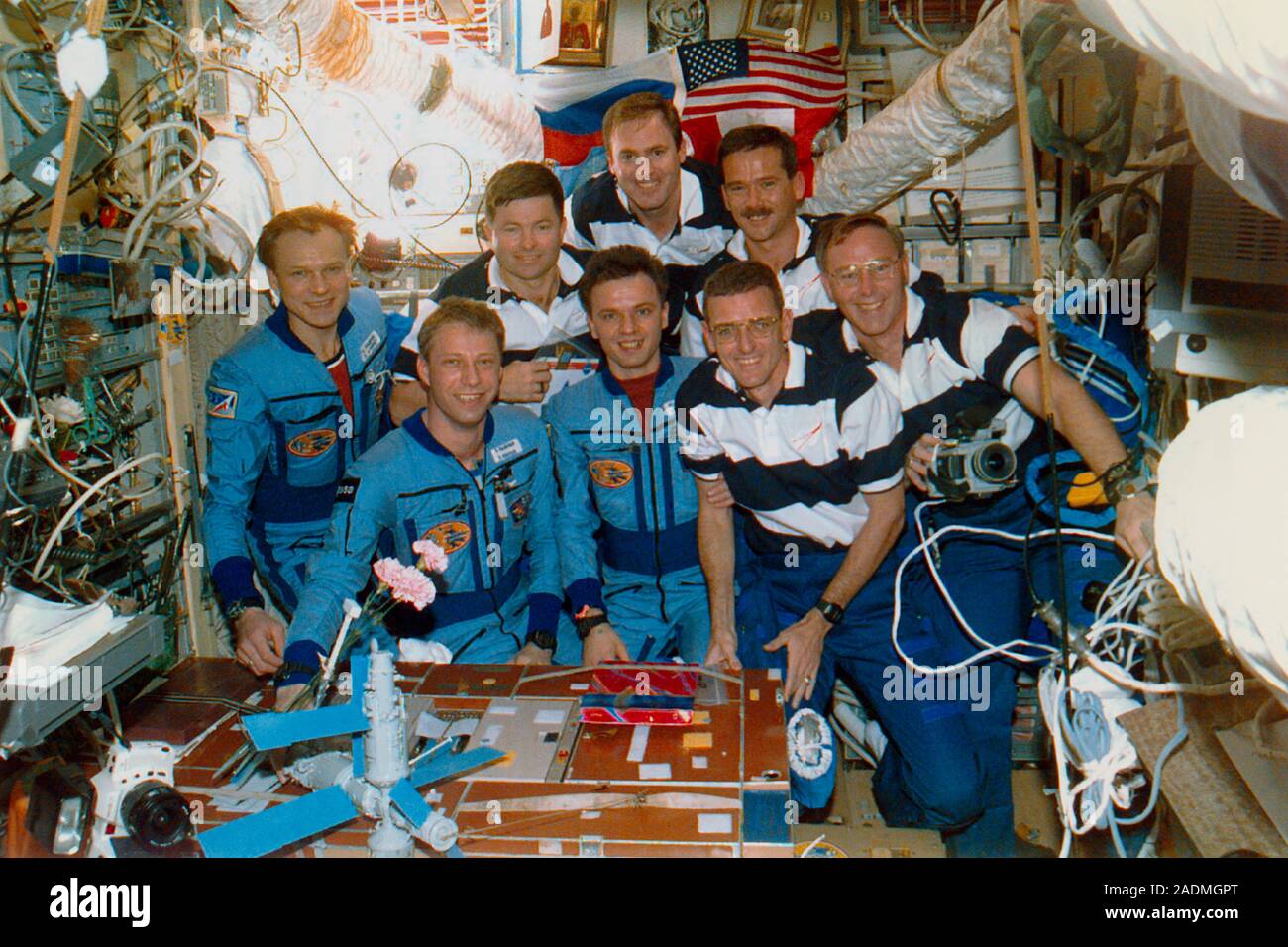 Mir and shuttle crew. Joint portrait aboard Mir of the crews of the ...