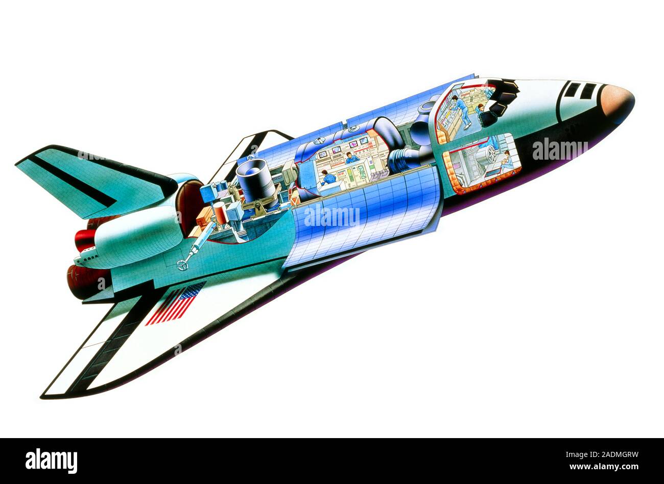 Space shuttle. Cutaway illustration of a space shuttle with crew. The ...