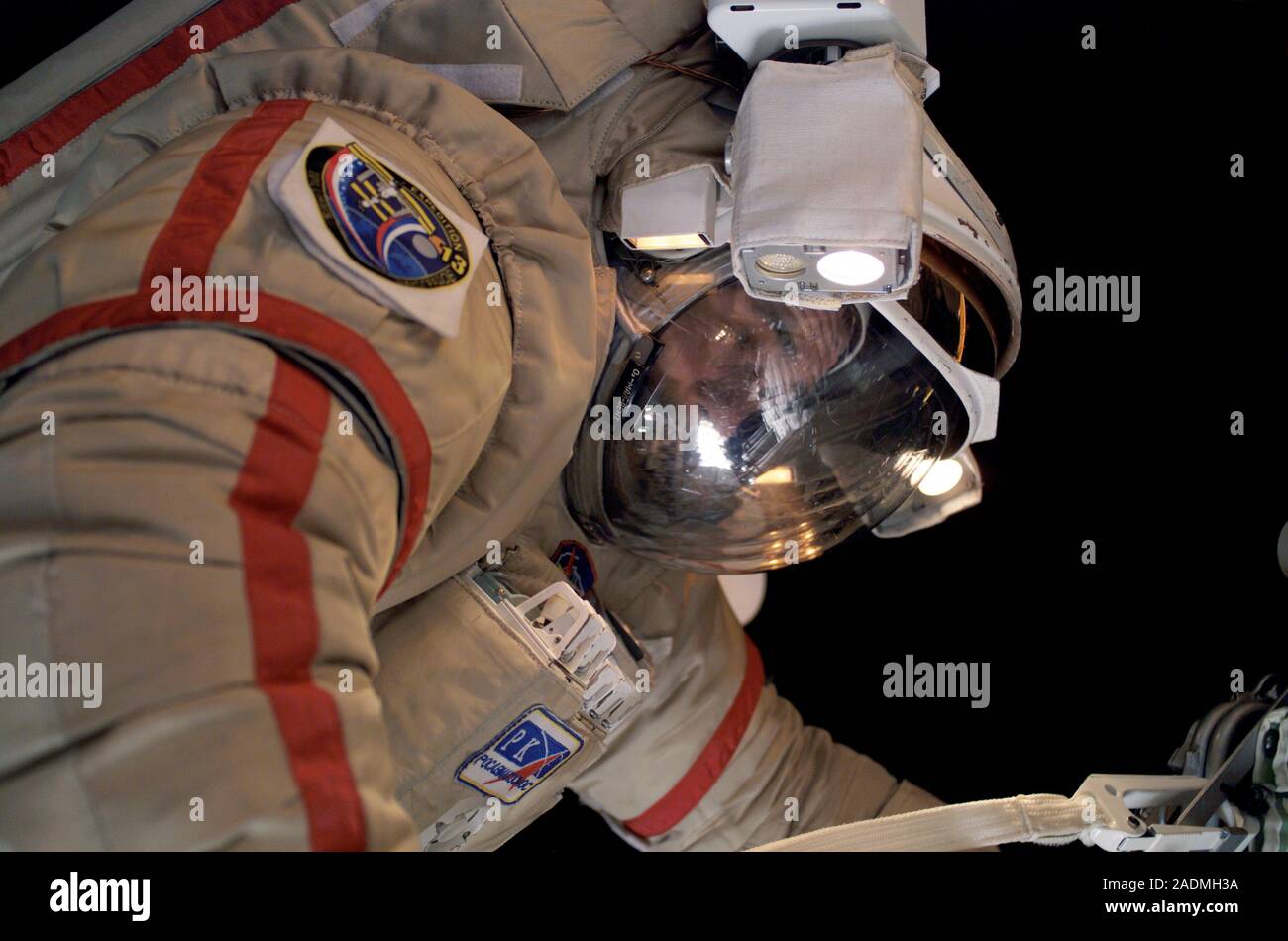 Russian cosmonaut Pavel Vinogradov (born 1953), wearing a Russian Orlan ...