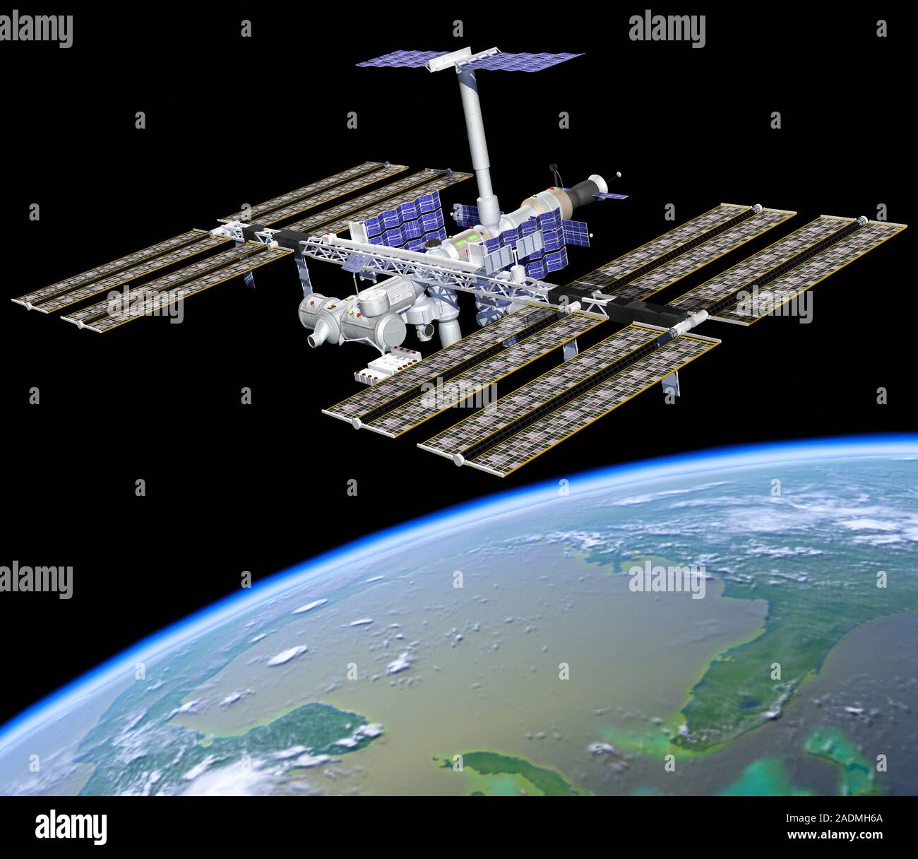 International Space Station (ISS) in orbit. Computer artwork of the ...