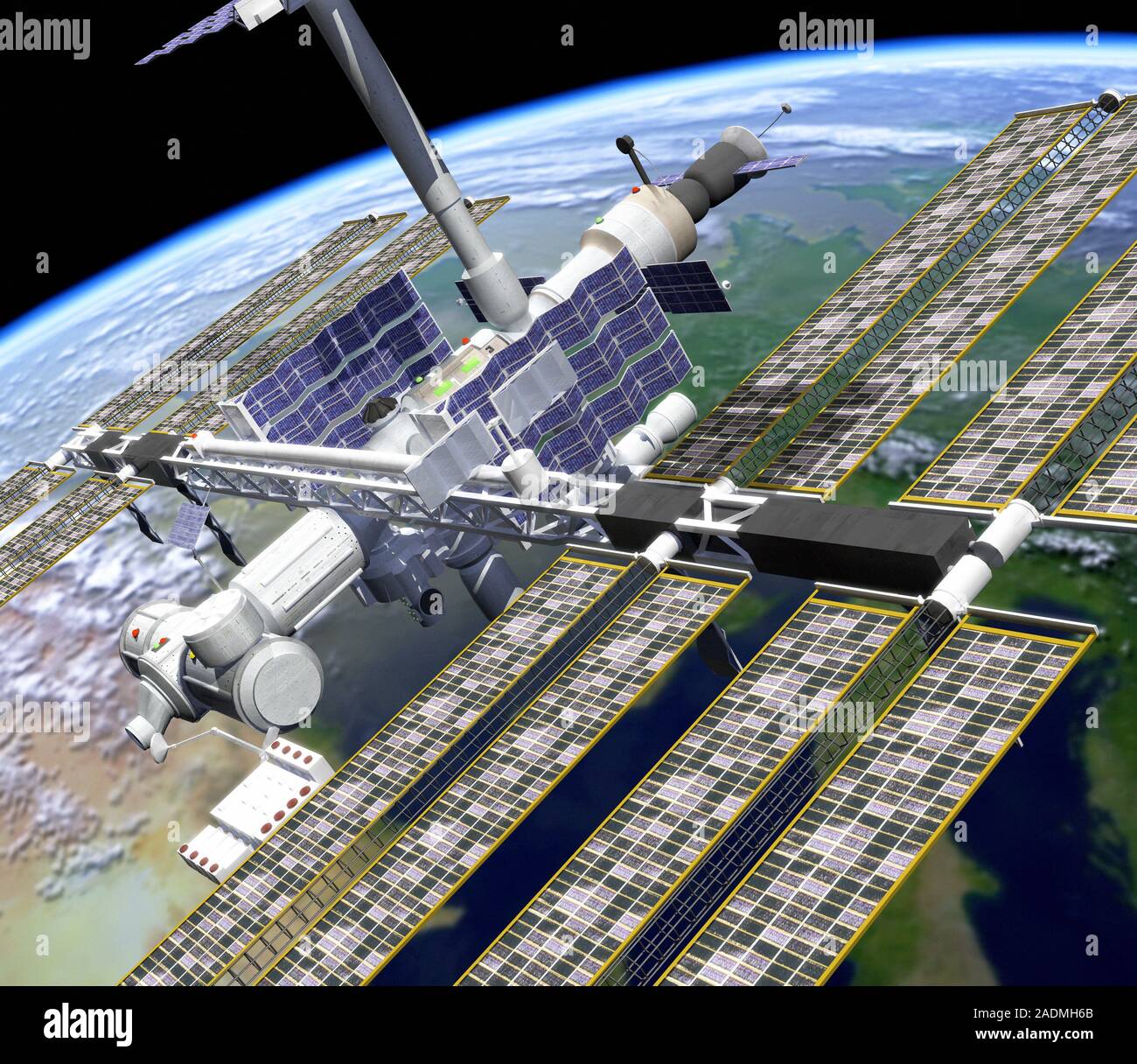 International Space Station (ISS) in orbit. Computer artwork of the ...