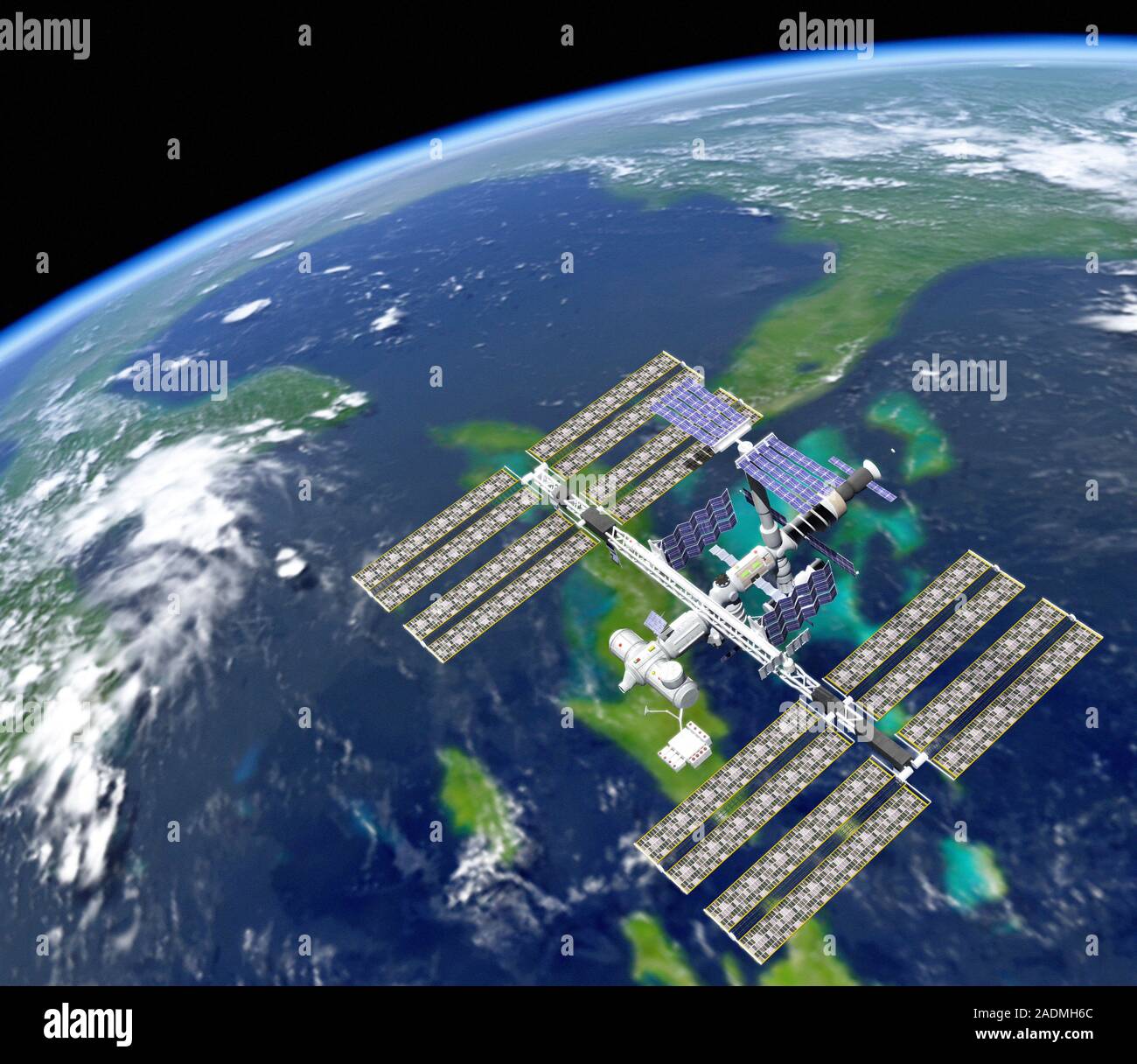 International Space Station (ISS) in orbit. Computer artwork of the ...