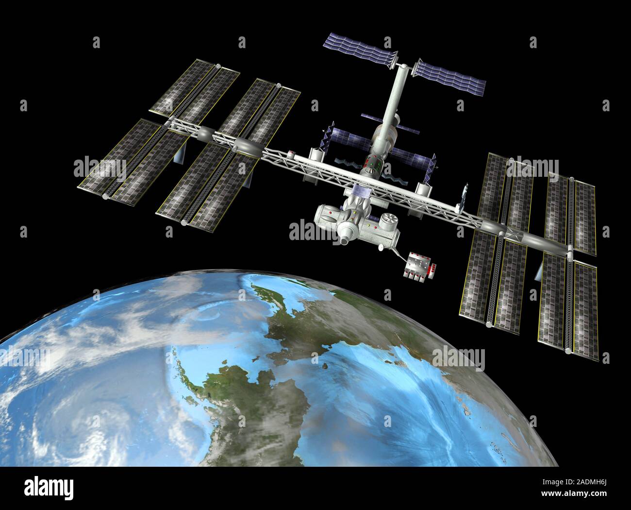 International Space Station (ISS) in orbit. Computer artwork of the ...
